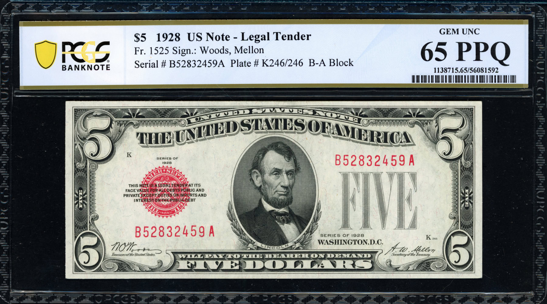 Fr. 1525 (BA Block) 1928 $5 Legal Tender Note Woods / Mellon PCGS ...