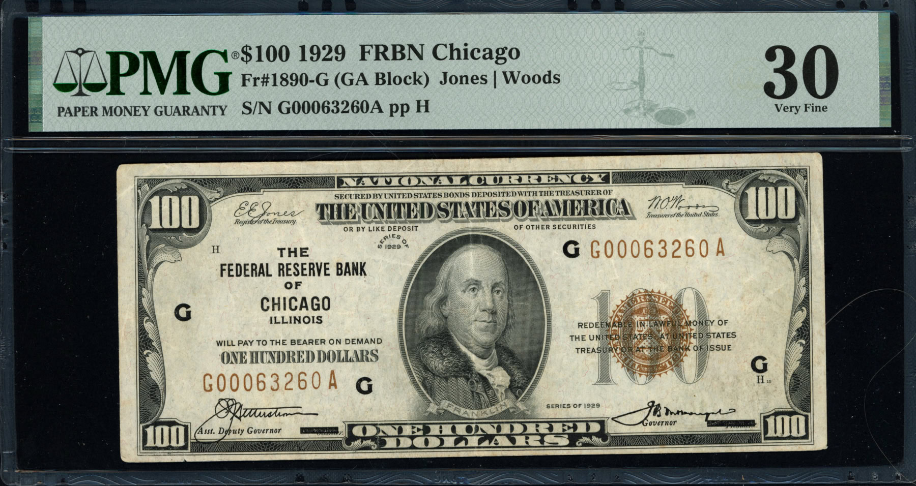 Fr. 1890-G (GA Block) 1929 $100 Chicago Federal Reserve Bank Note Jones / Woods PMG Very Fine 30 ...