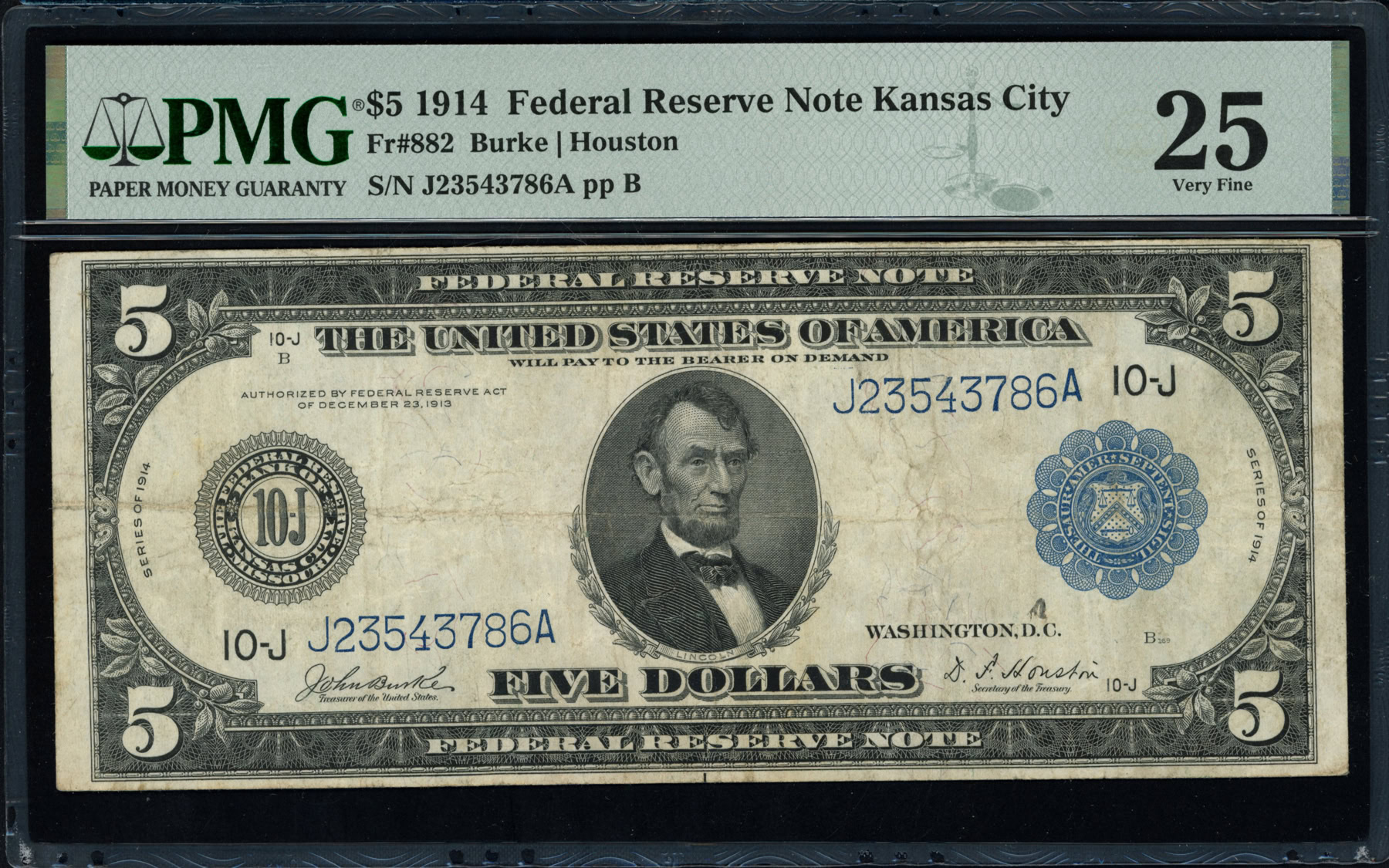 Fr. 882 1914 $5 Kansas City Federal Reserve Note Burke / Houston PMG ...