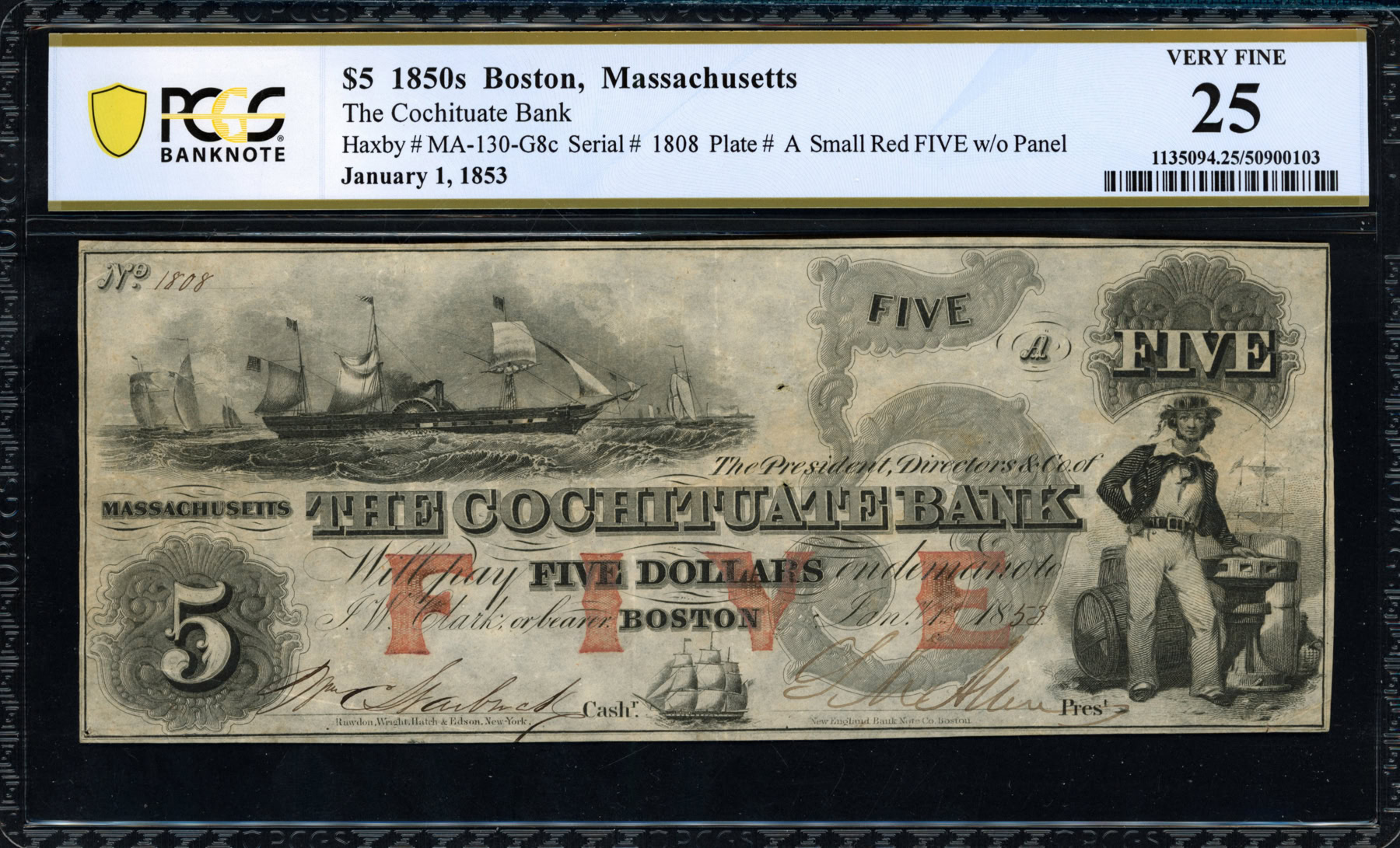 1853 Boston, Massachusetts Cochituate Bank $5 Note PMG Banknote Very ...