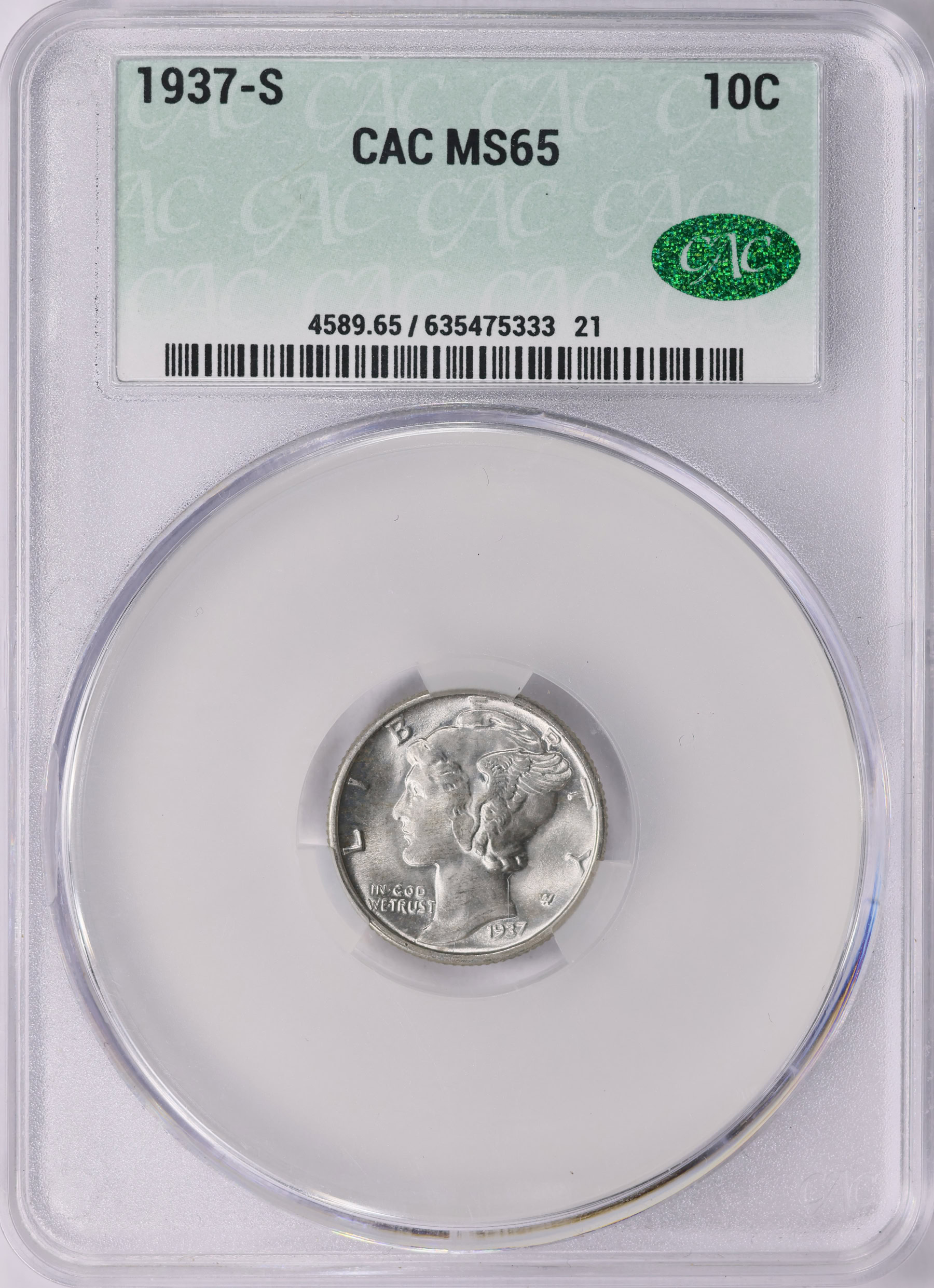 1937-S Mercury Dime CACG MS-65 (Item 1850980) | GreatCollections Coin Auctions