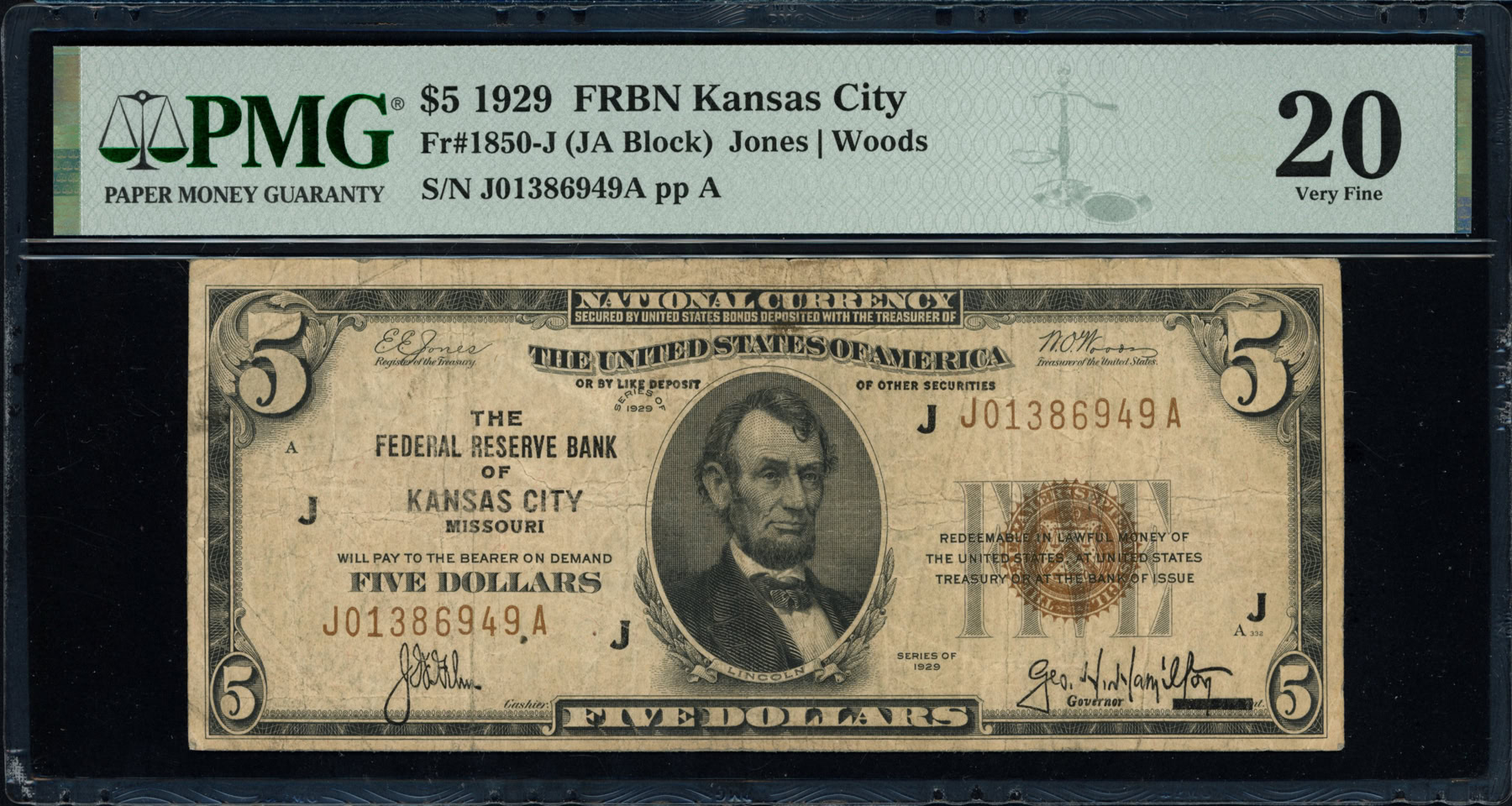 Fr. 1850-J (JA Block) 1929 $5 Kansas City Federal Reserve Bank Note ...