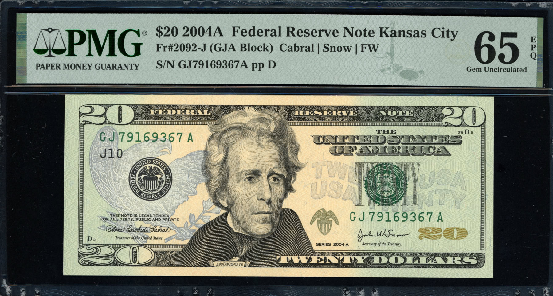 Fr. 2092-J (GJA Block) 2004A $20 Kansas City Federal Reserve Note ...