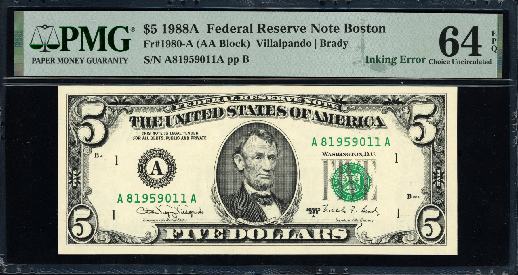 Fr. 1980-A (AA Block) 1988A $5 Boston Federal Reserve Error Note ...