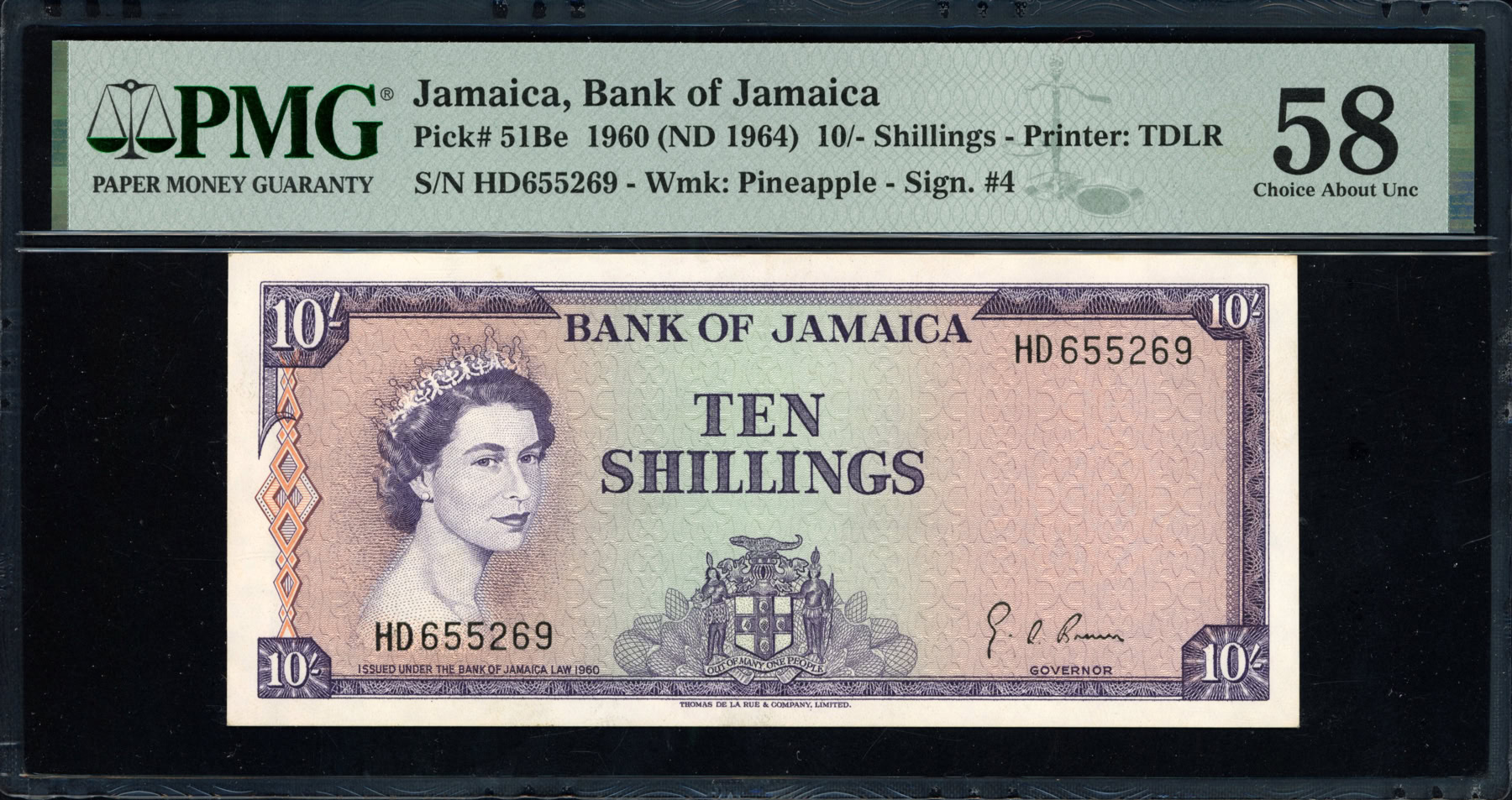 Jamaica 1960 (ND 1964) 10 Shillings Bank of Jamaica Note SCWPM-51Be PMG ...