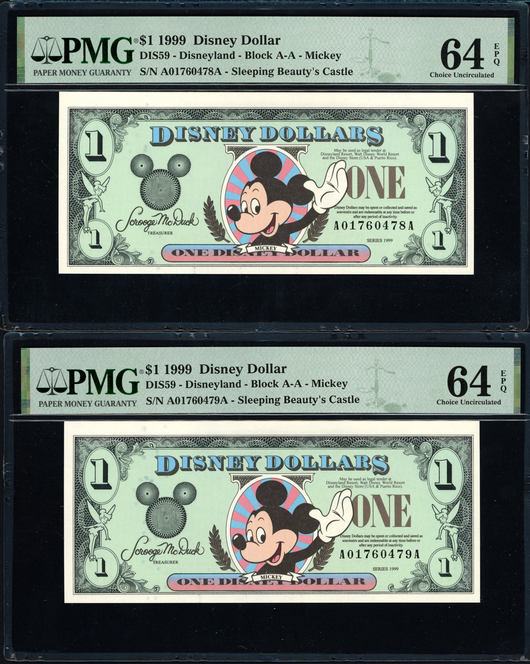 1999 Disneyland $1 Disney Dollar Notes *Sequential Serial Number Run ...