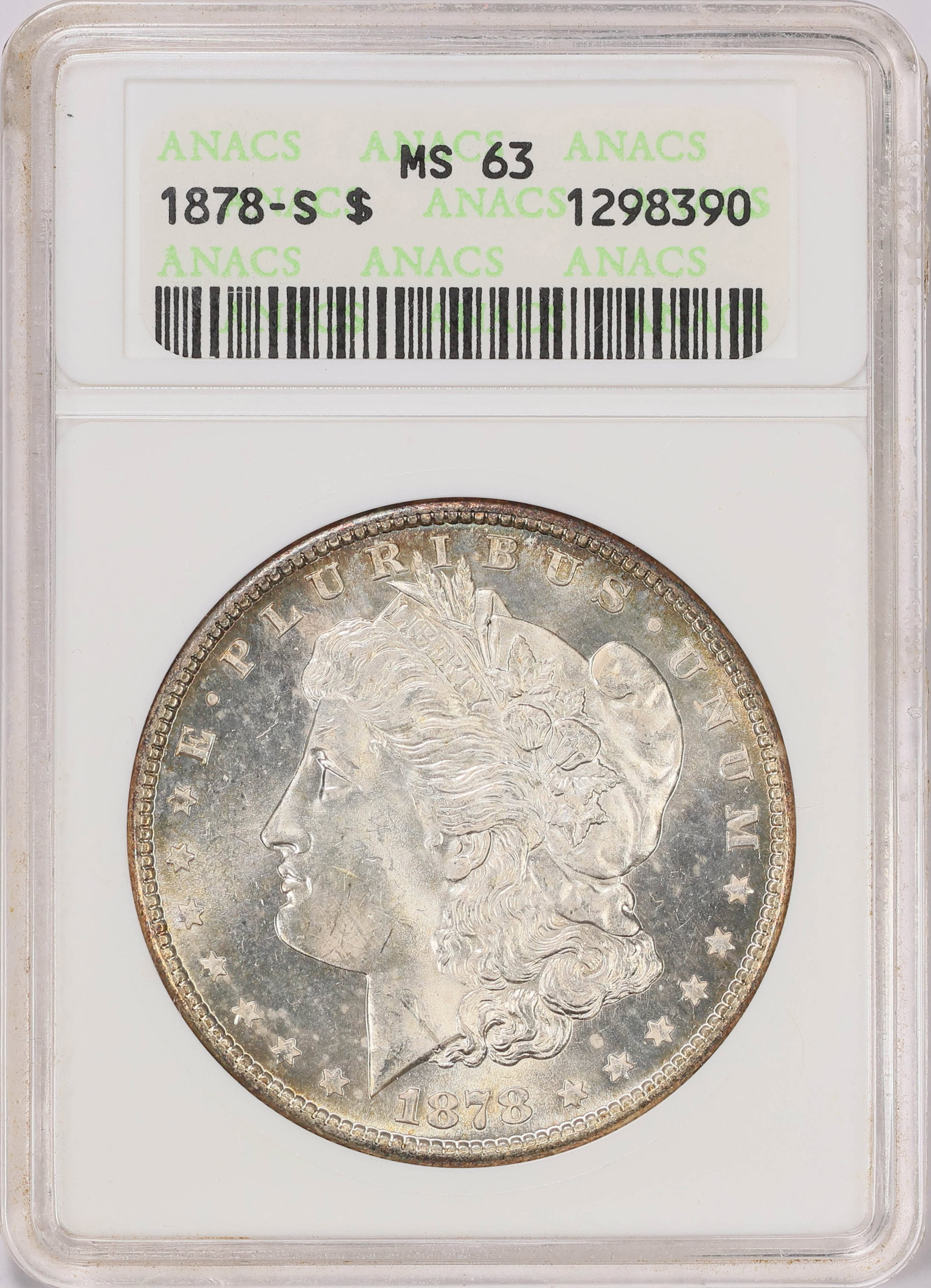1878-S Morgan Silver Dollar ANACS MS-63 OH (Toned) (Item 1851212) | GreatCollections Coin Auctions