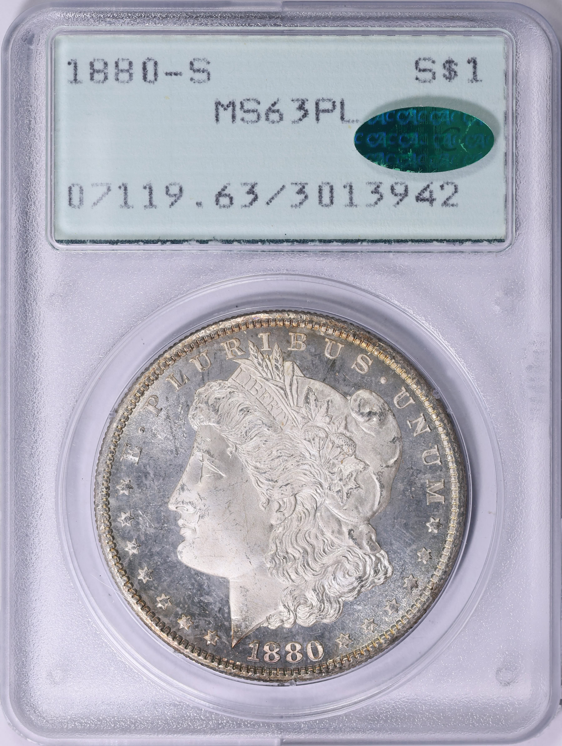 1880-S Morgan Silver Dollar PCGS MS-63 PL (CAC Green) OGH (1st Gen) (Toned) (Item 1851225 ...