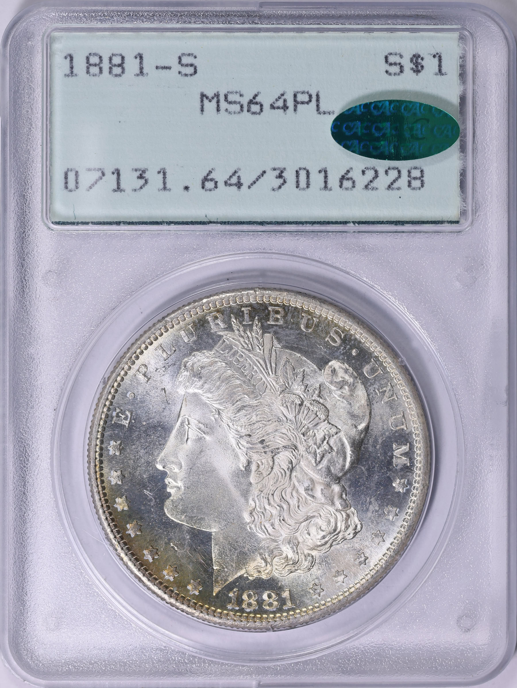 1881-S Morgan Silver Dollar PCGS MS-64 PL (CAC Green) OGH (1st Gen) (Item 1851226 ...