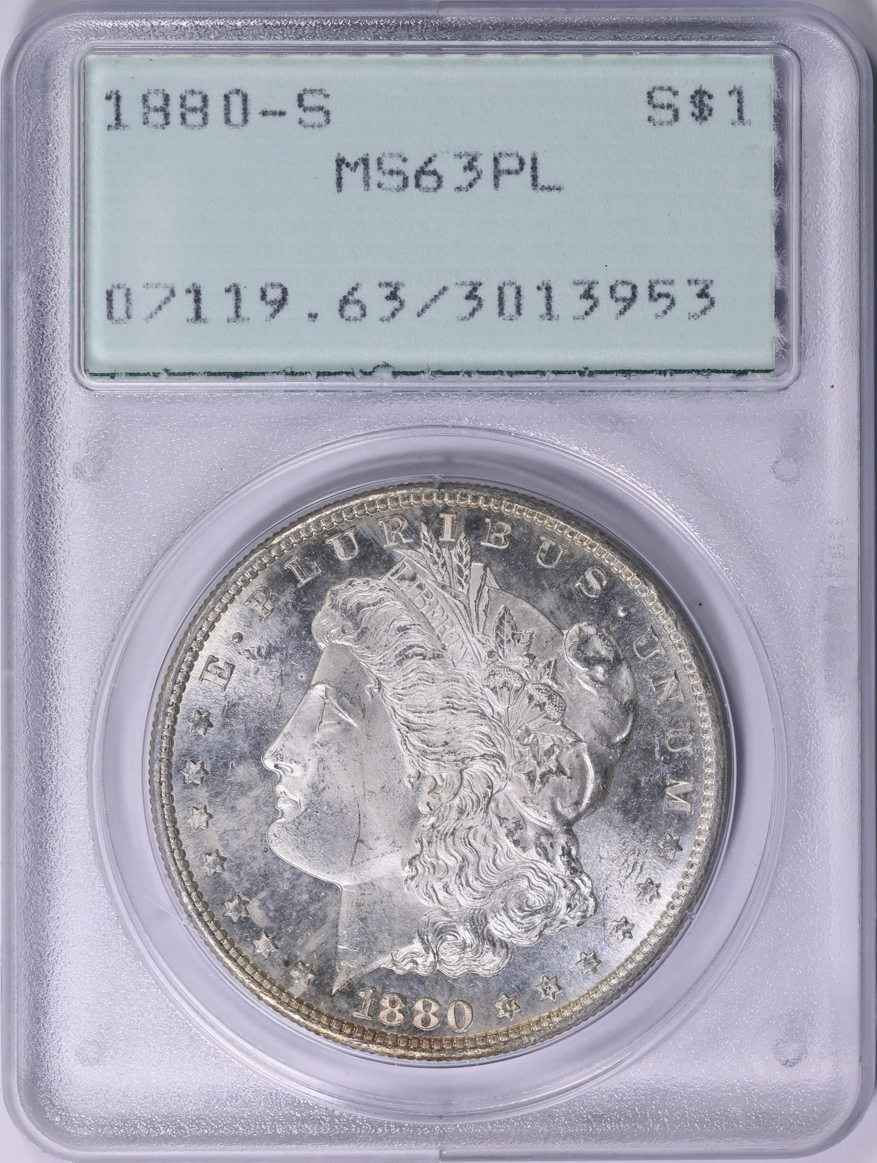 1880-S Morgan Silver Dollar PCGS MS-63 PL OGH (1st Gen) (Item 1851238) | GreatCollections Coin ...