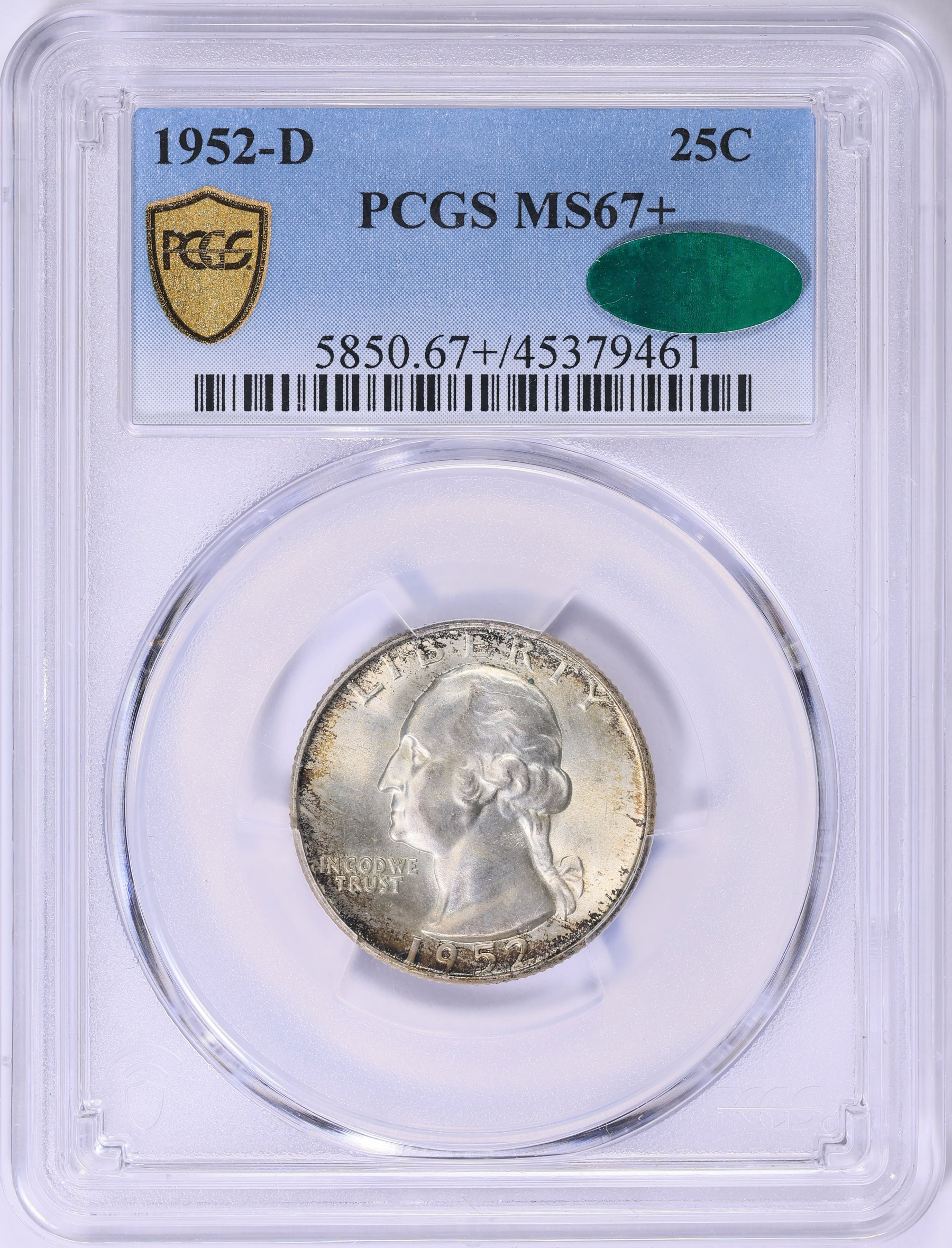1952-D Washington Quarter PCGS MS-67+ (CAC Green) (Item 1851380) | GreatCollections Coin Auctions