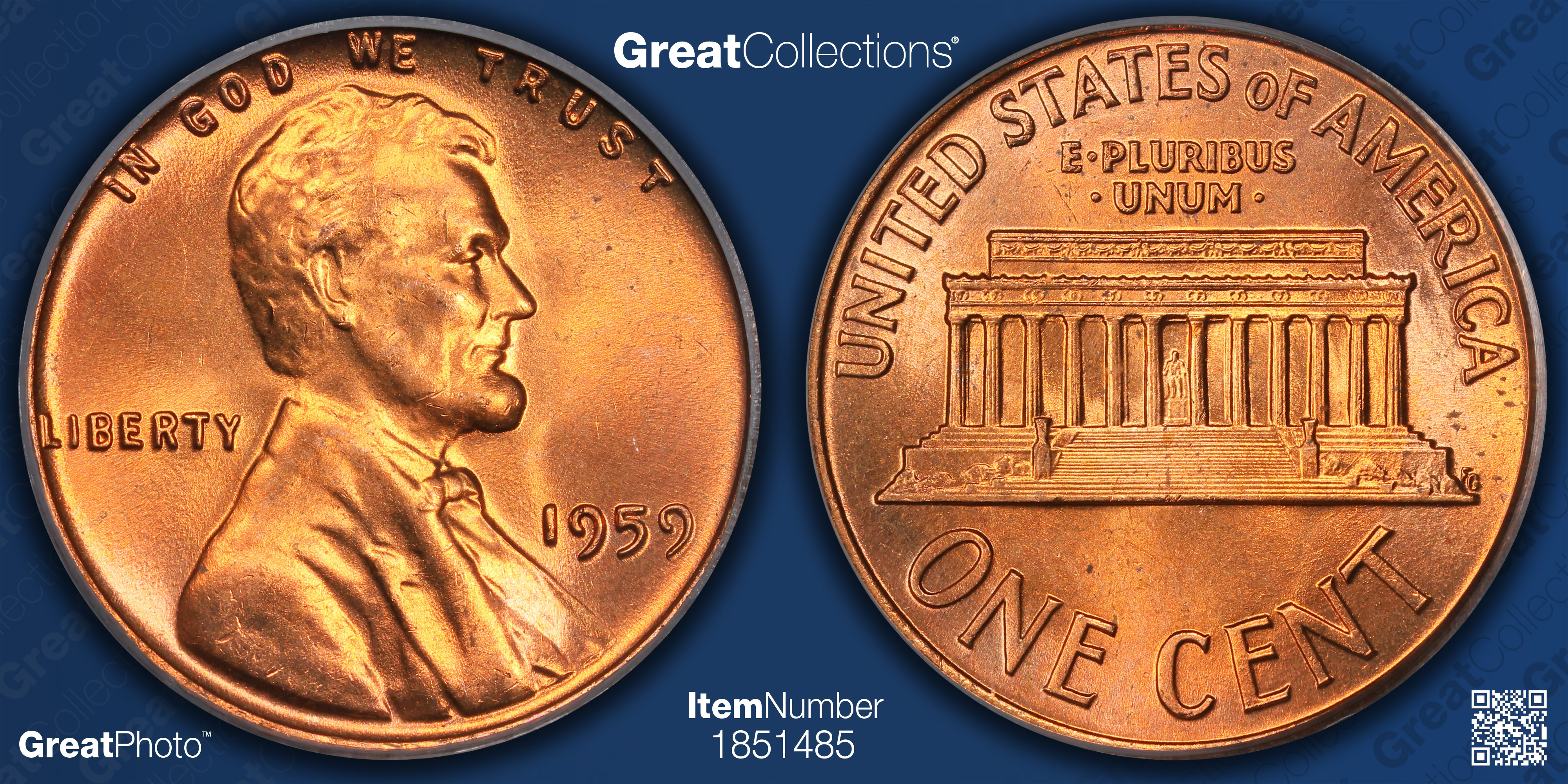 1959 Lincoln Cent PCGS MS-66 RD (Item 1851485) | GreatCollections Coin ...