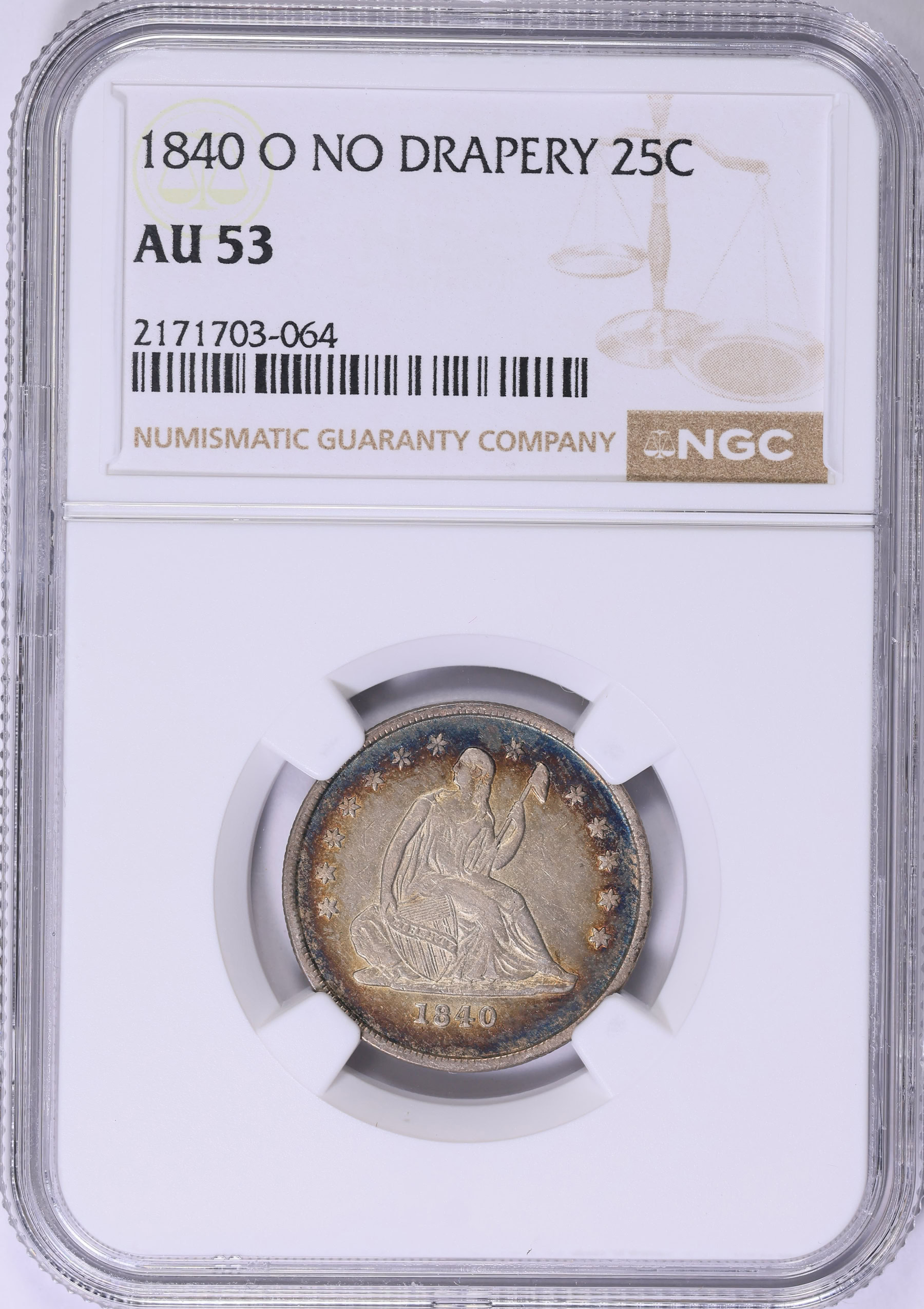 1840-O Seated Liberty Quarter No Drapery NGC AU-53 (Toned) (Item 1851810) | GreatCollections ...