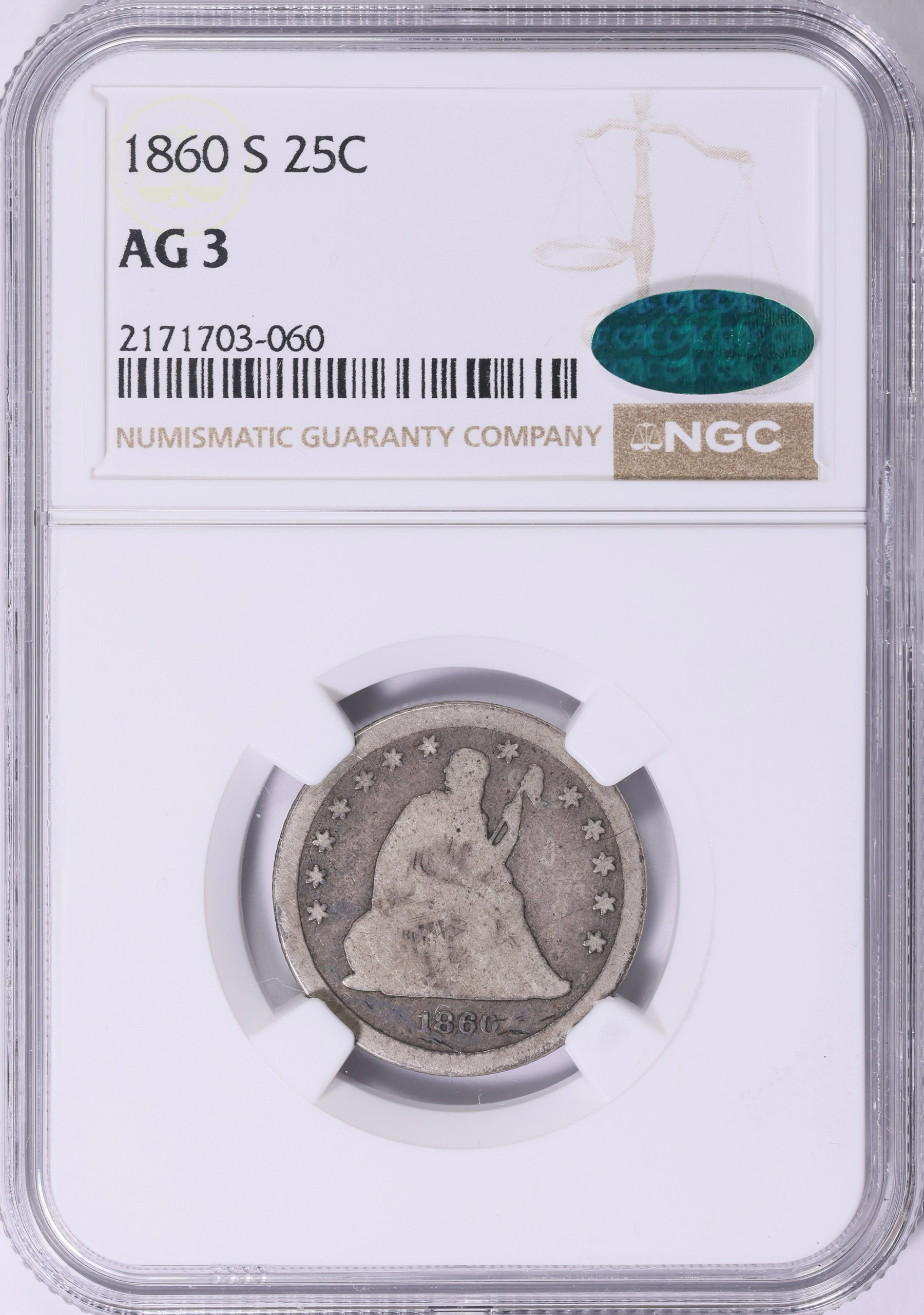 1860-S Seated Liberty Quarter NGC AG-03 (CAC Green) (Item 1851815 ...