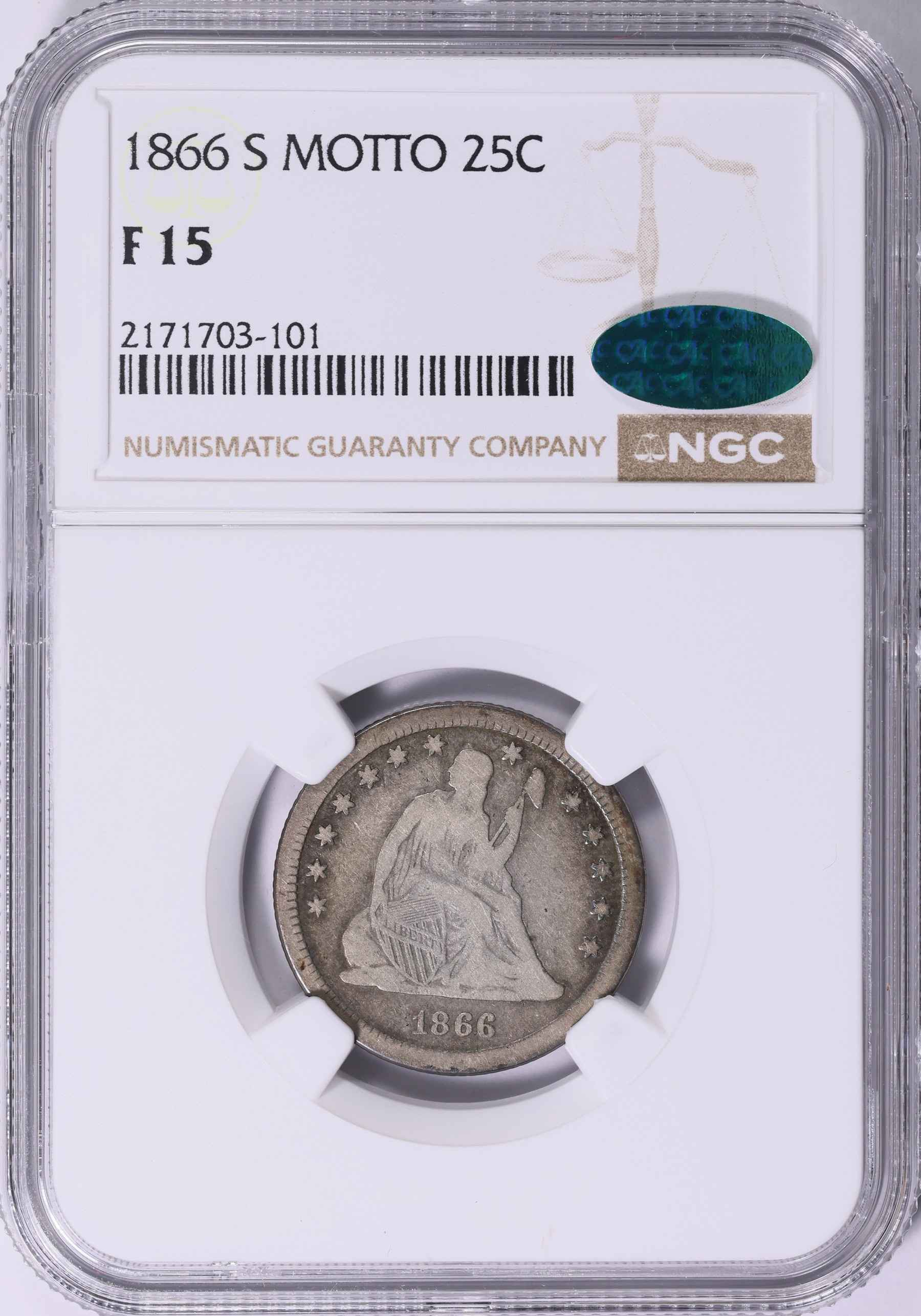 1866-S Seated Liberty Quarter Motto NGC F-15 (CAC Green) (Toned) (Item ...