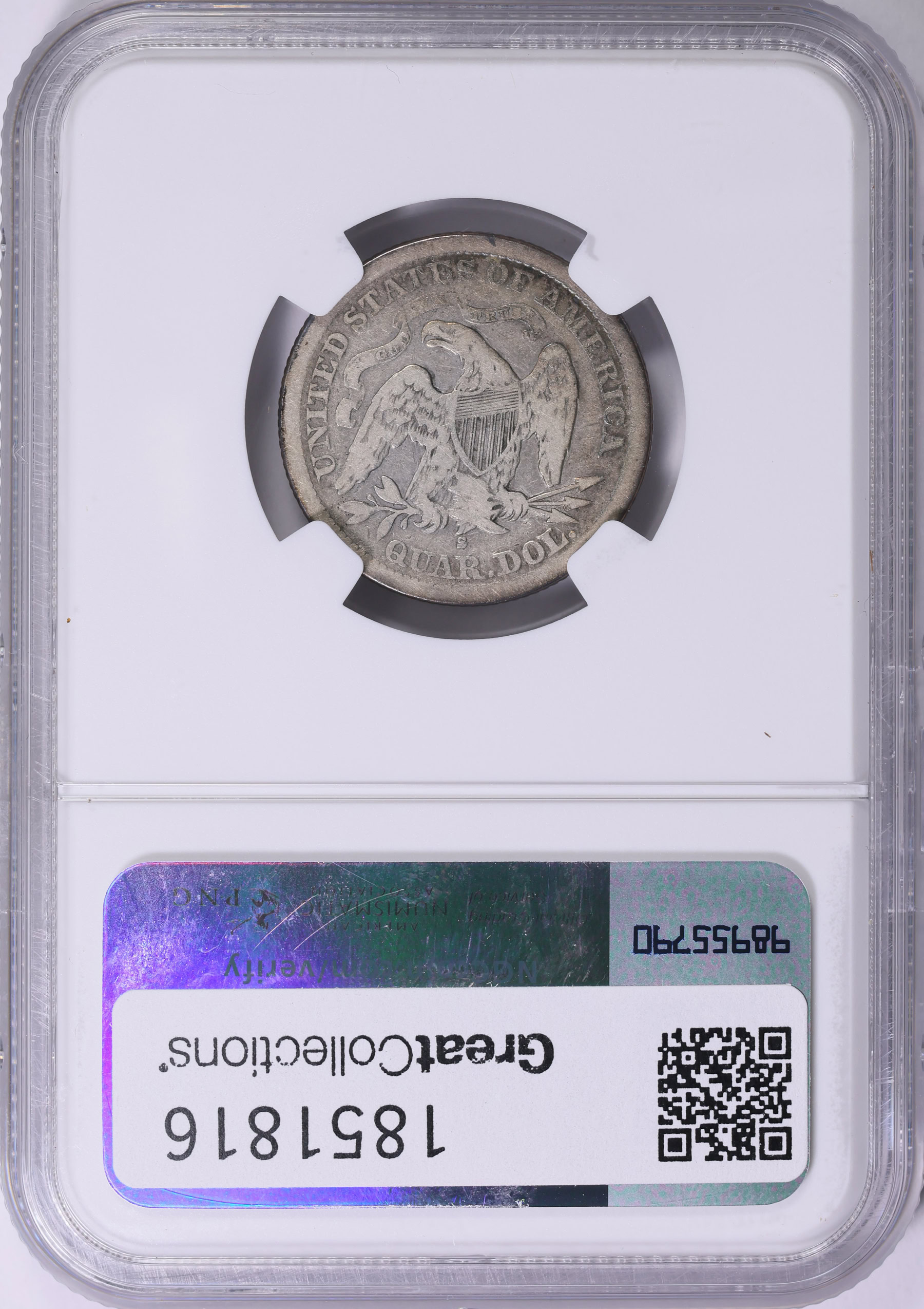 1866-S Seated Liberty Quarter Motto NGC F-15 (CAC Green) (Toned) (Item ...