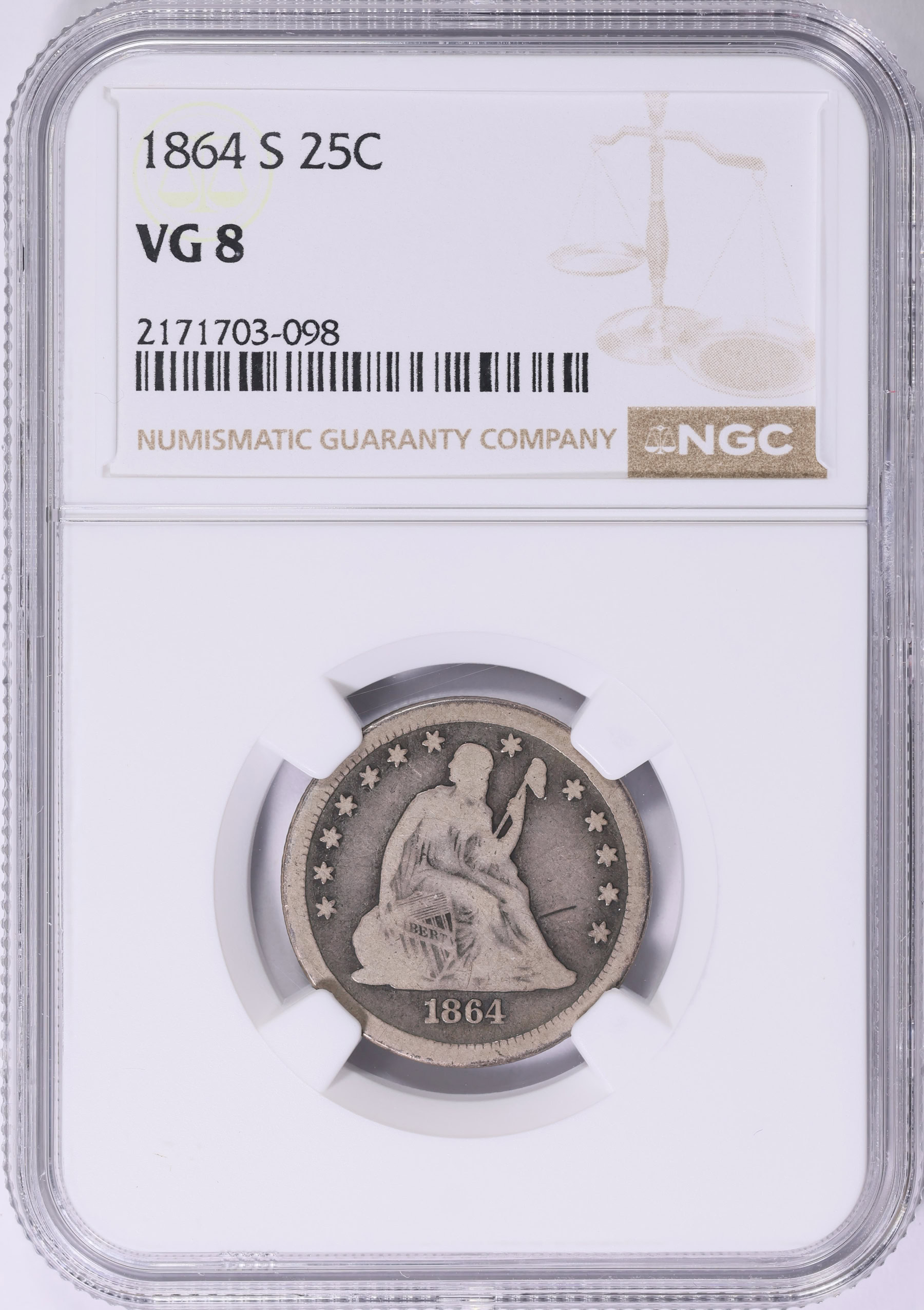 1864-S Seated Liberty Quarter NGC VG-08 (Item 1851827 ...