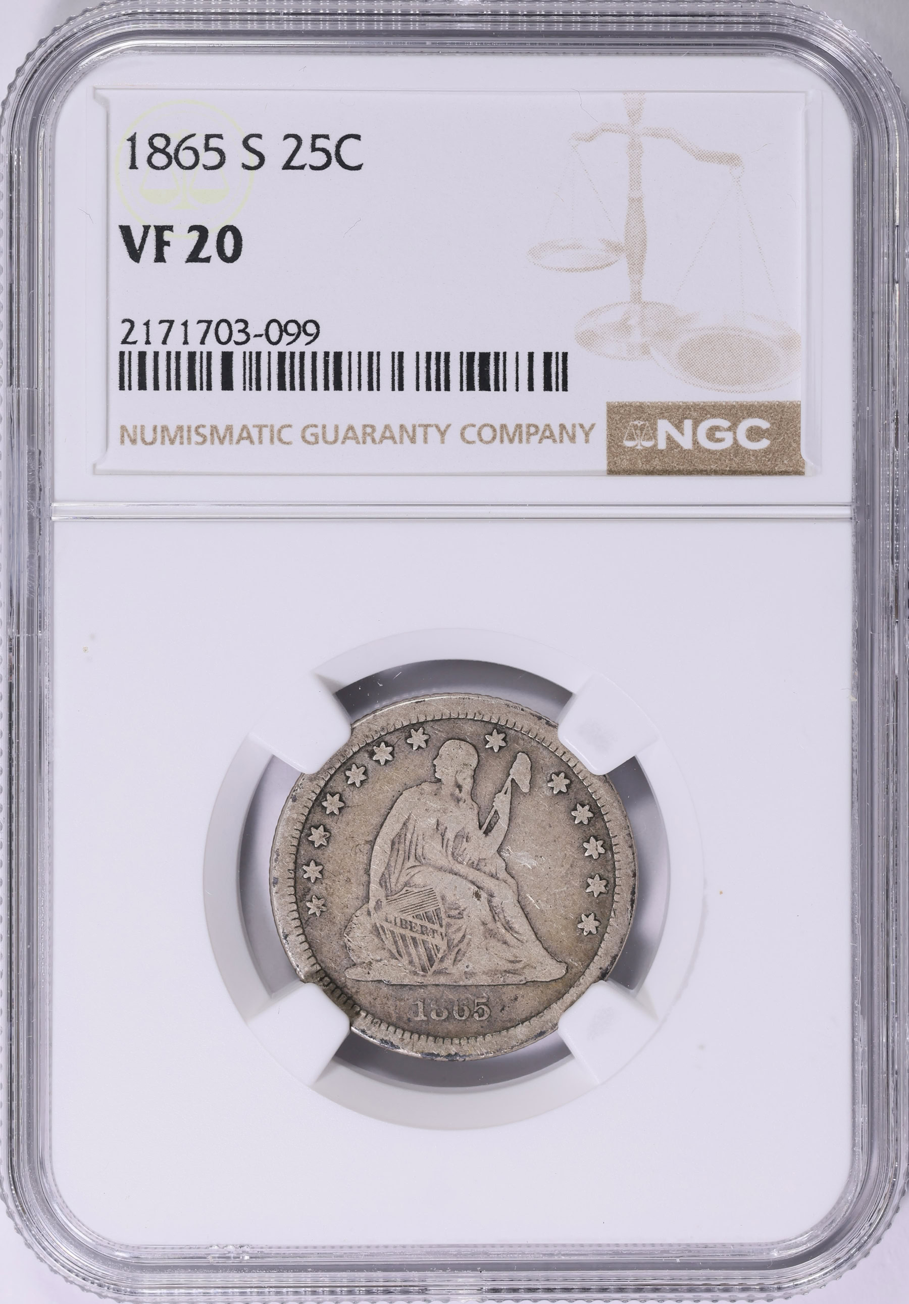 1865-S Seated Liberty Quarter NGC VF-20 (Item 1851828 ...