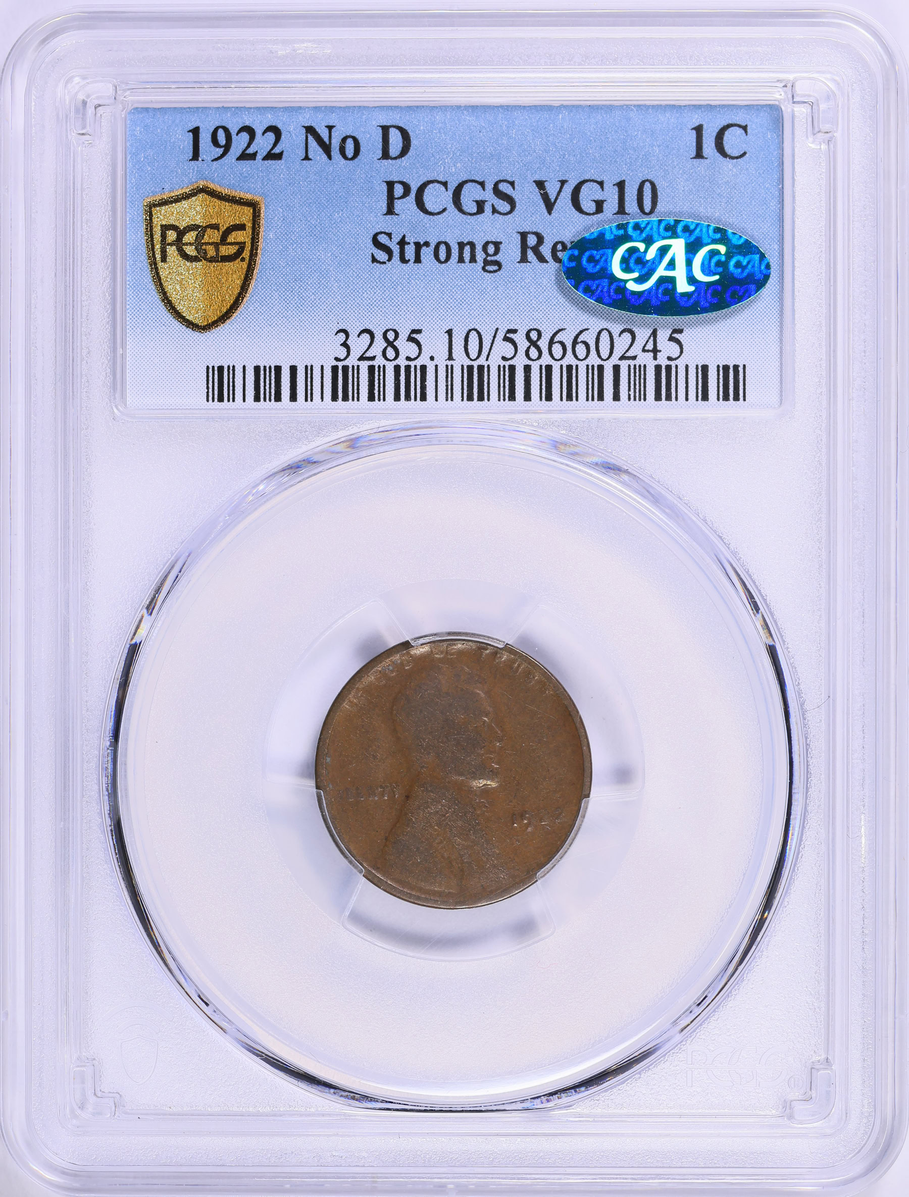 1922-No D Lincoln Cent Strong Reverse PCGS VG-10 BN (CAC Green) (Item 1851841 ...