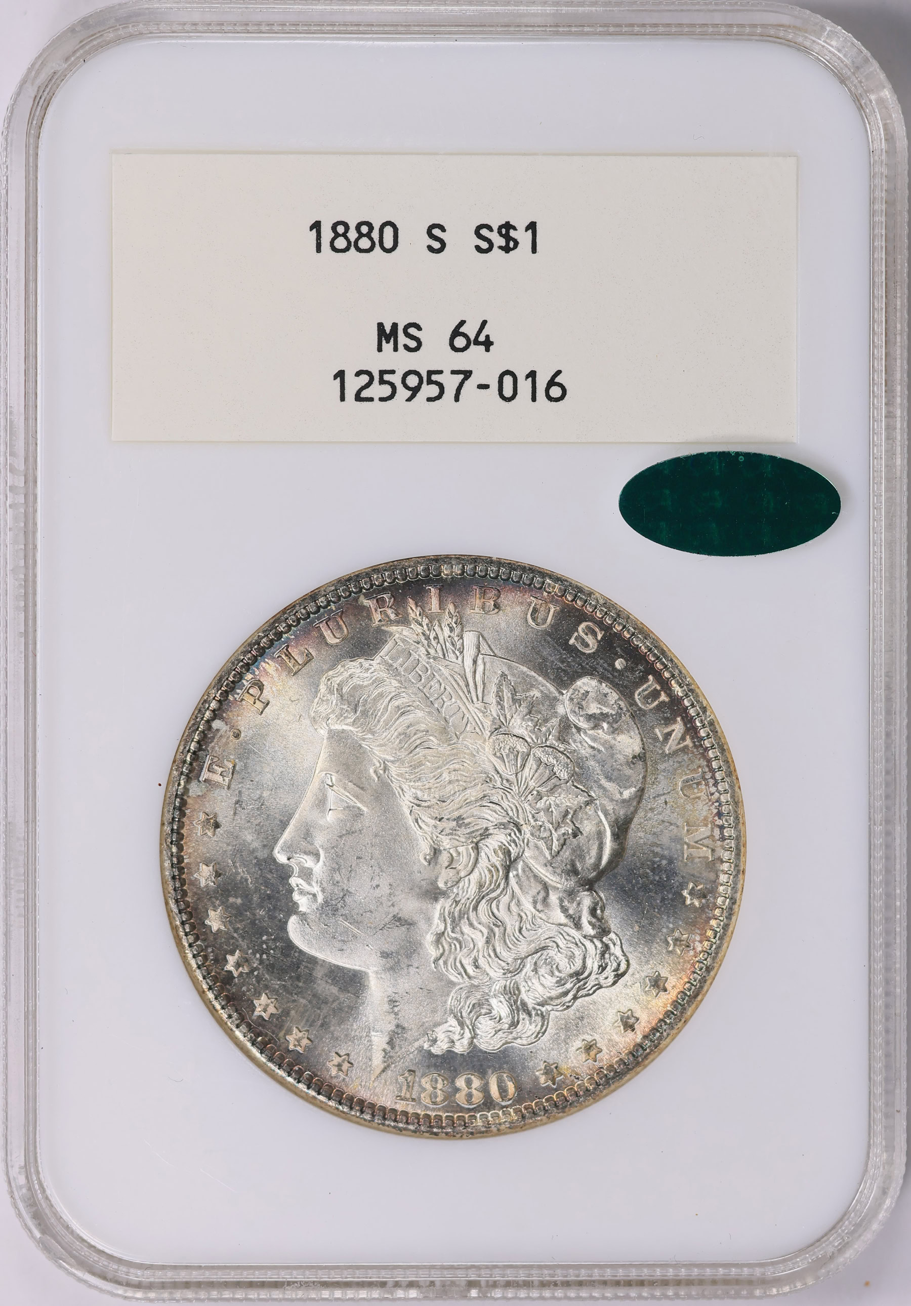 1880-S Morgan Silver Dollar NGC MS-64 (CAC Green) OH (Early White Label NGC Holder) (Toned ...