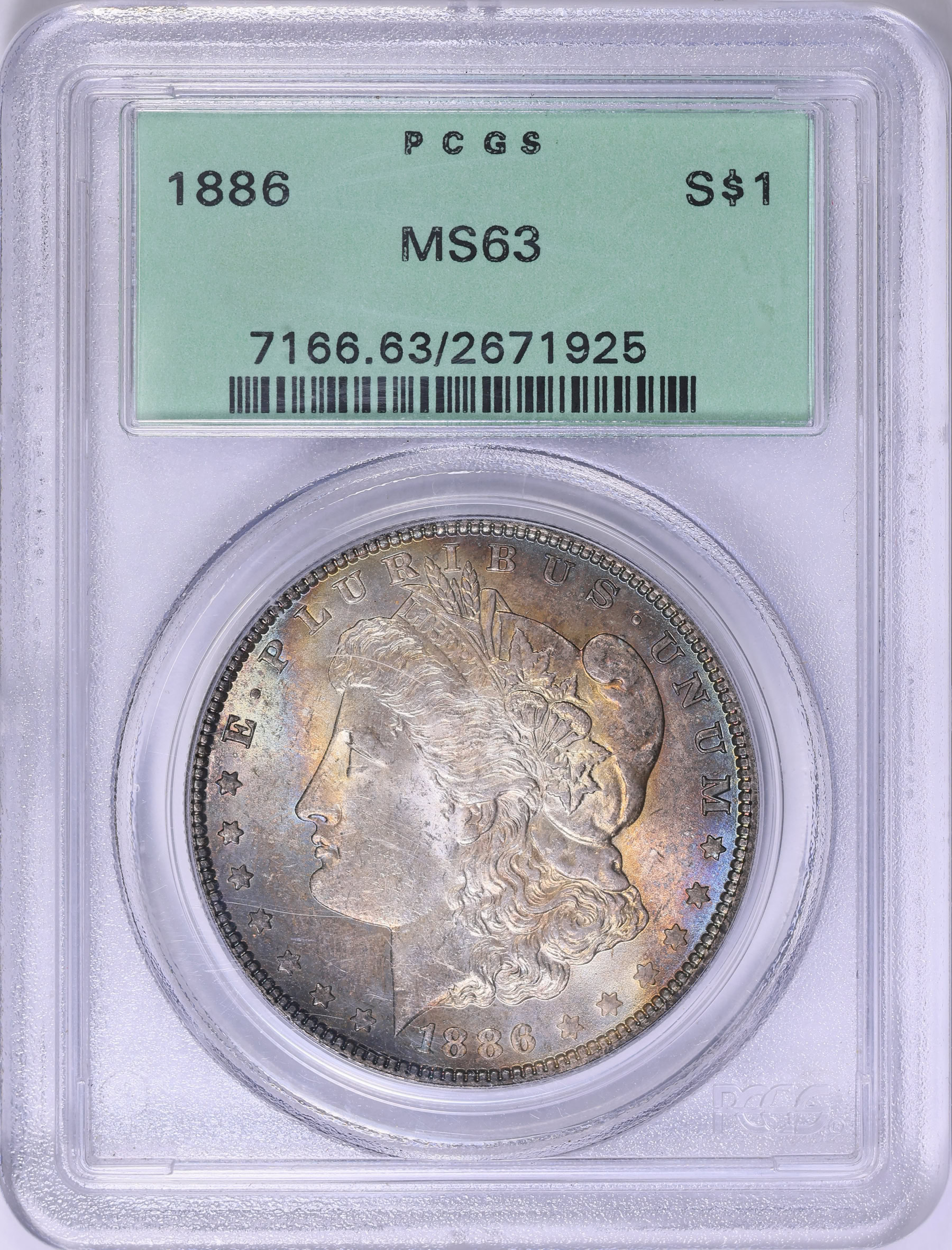 1886 Morgan Silver Dollar PCGS MS-63 OGH (Toned) (Item 1851920) | GreatCollections Coin Auctions