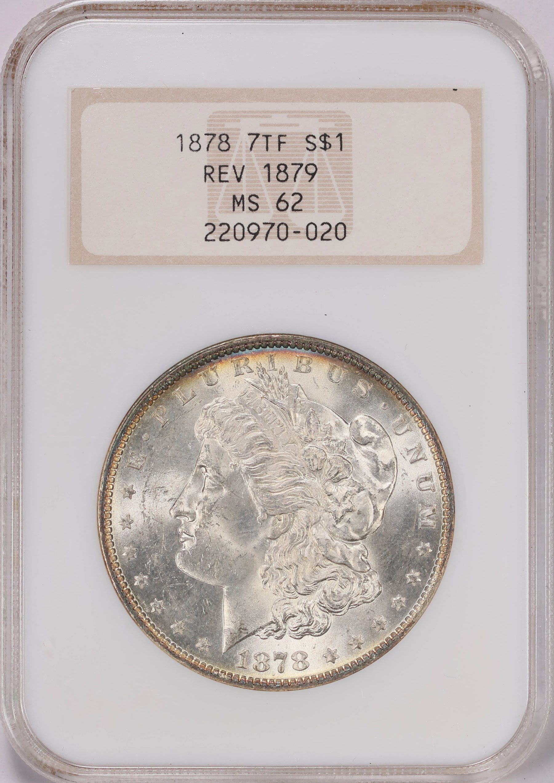 1878 Morgan Silver Dollar 7 Tailfeathers, Reverse of 1879 NGC MS-62 OH (Toned) (Item 1852241 ...