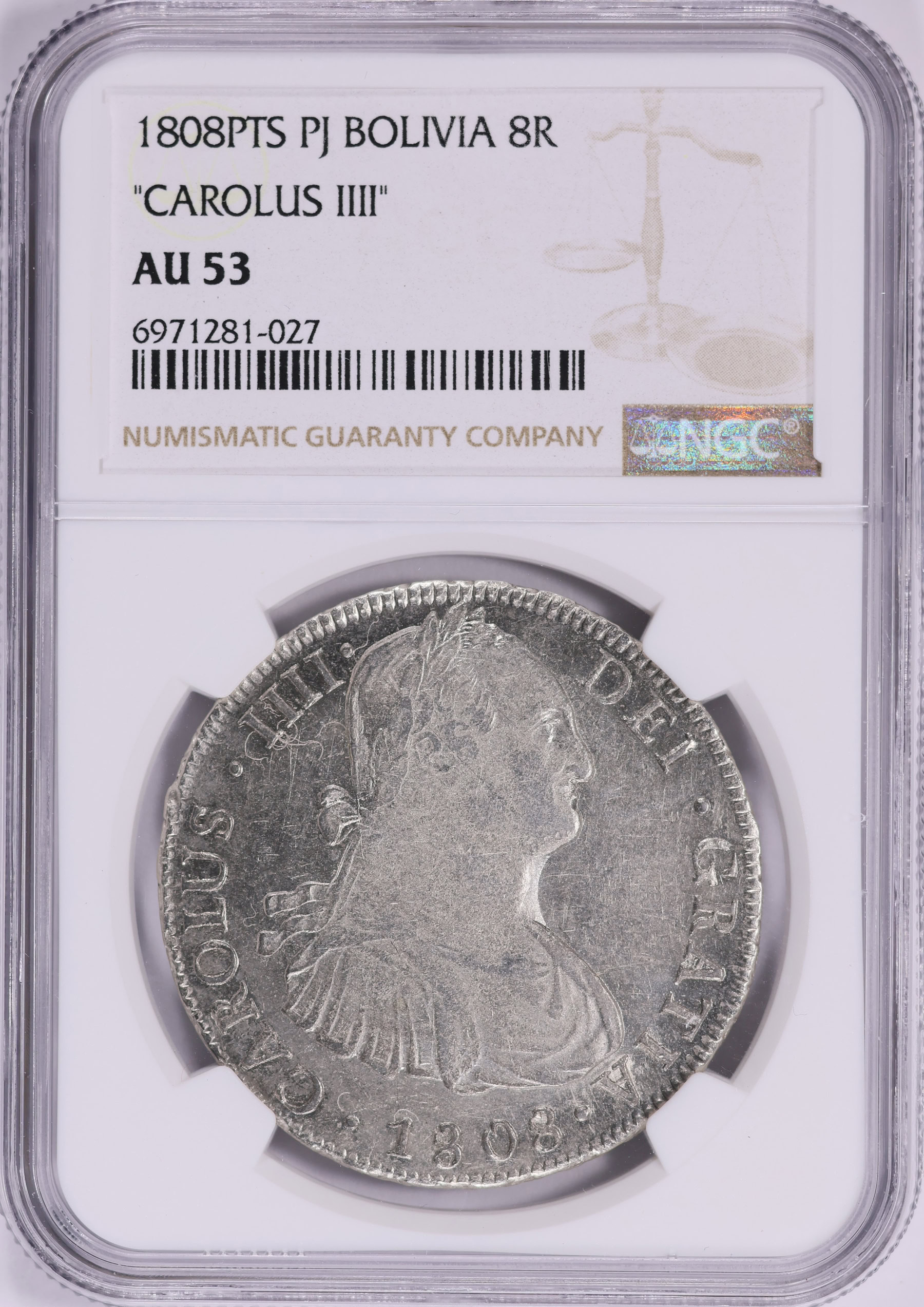 Bolivia 1808-PTS PJ Silver 8 Reales CAROLUS IIII KM-73 NGC AU-53 (Item ...