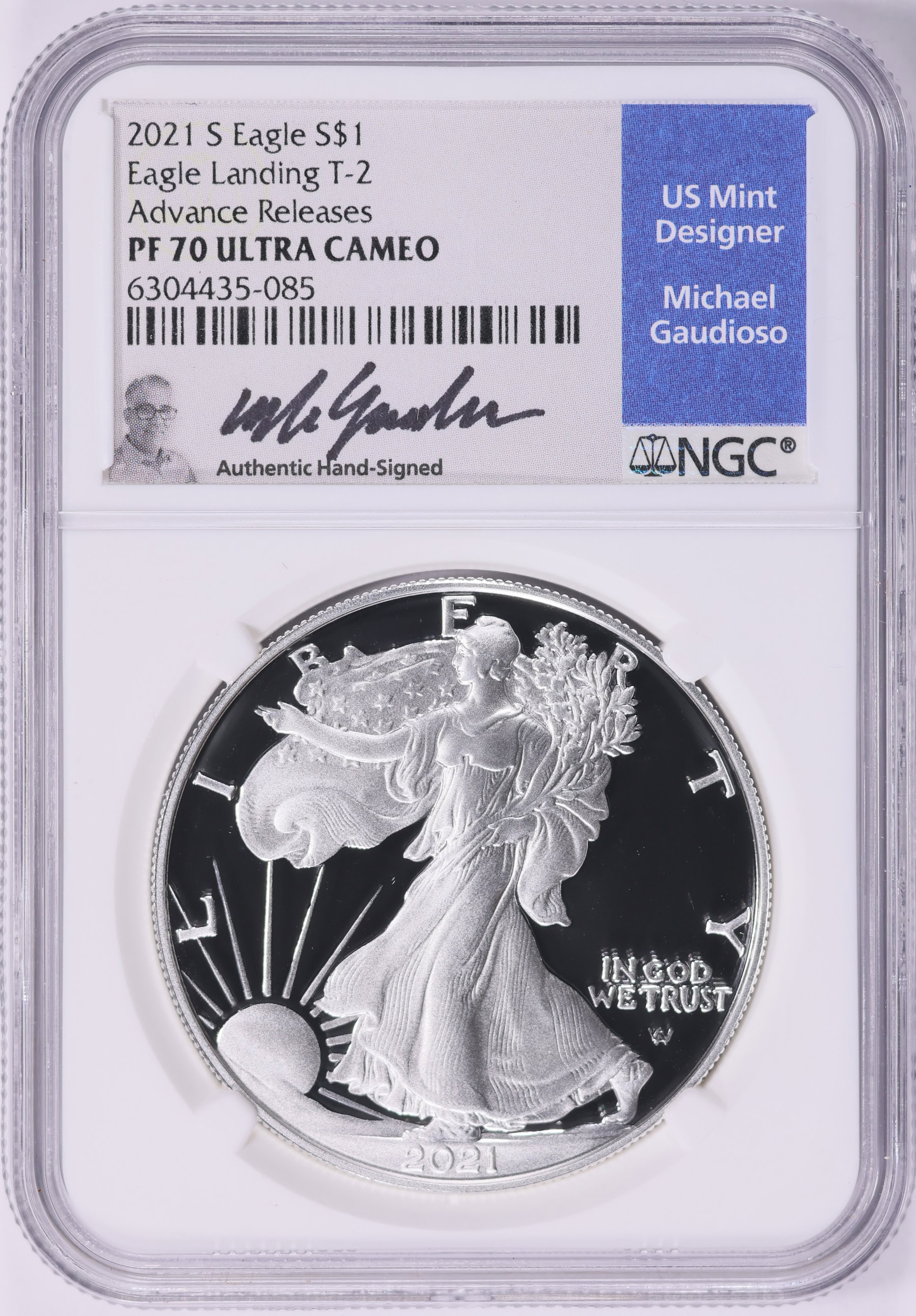 2021-S $1 Silver Eagle Type 2 Advanced Release NGC Proof-70 UC (Michael Gaudioso Signed Label ...