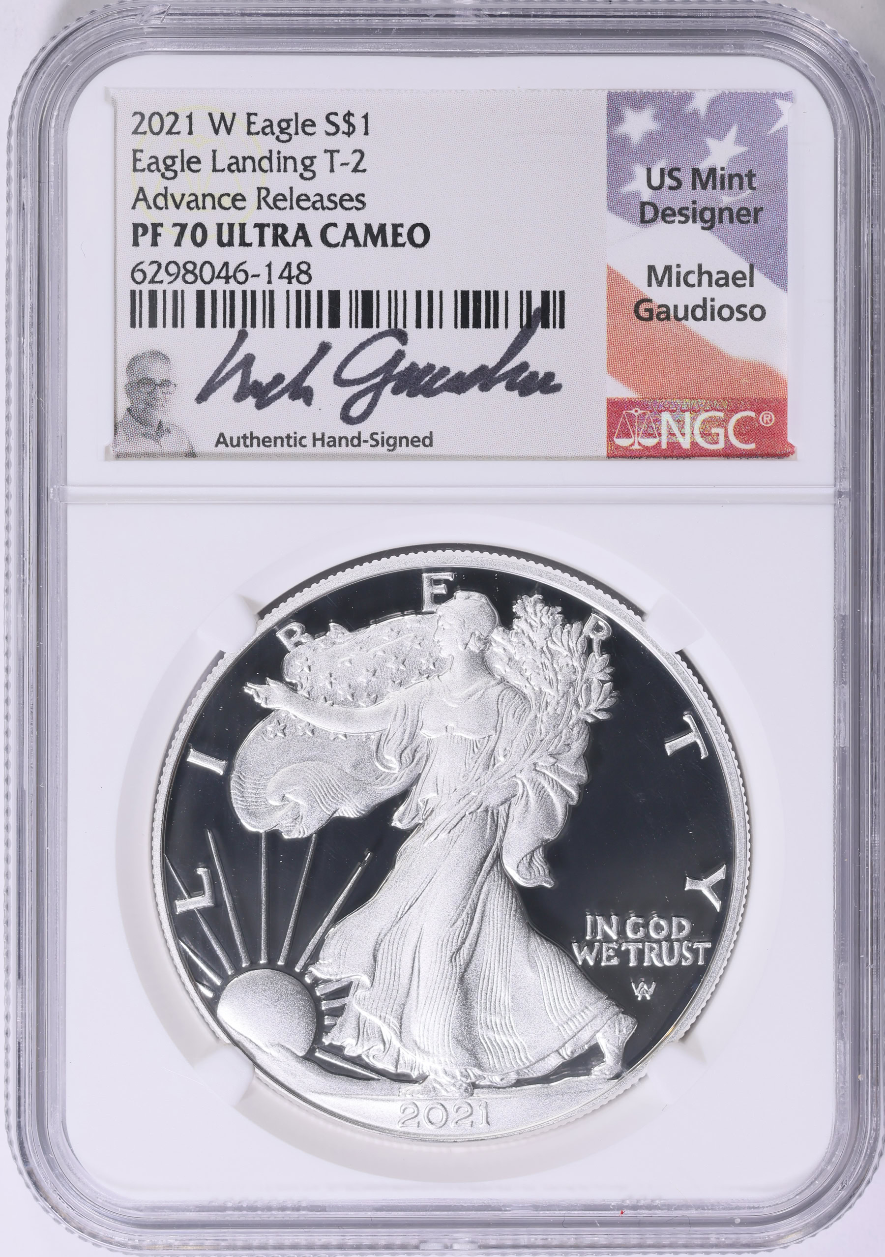 2021-W $1 Silver Eagle Type 2 Advanced Release NGC Proof-70 UC (Michael Gaudioso Signed Label ...