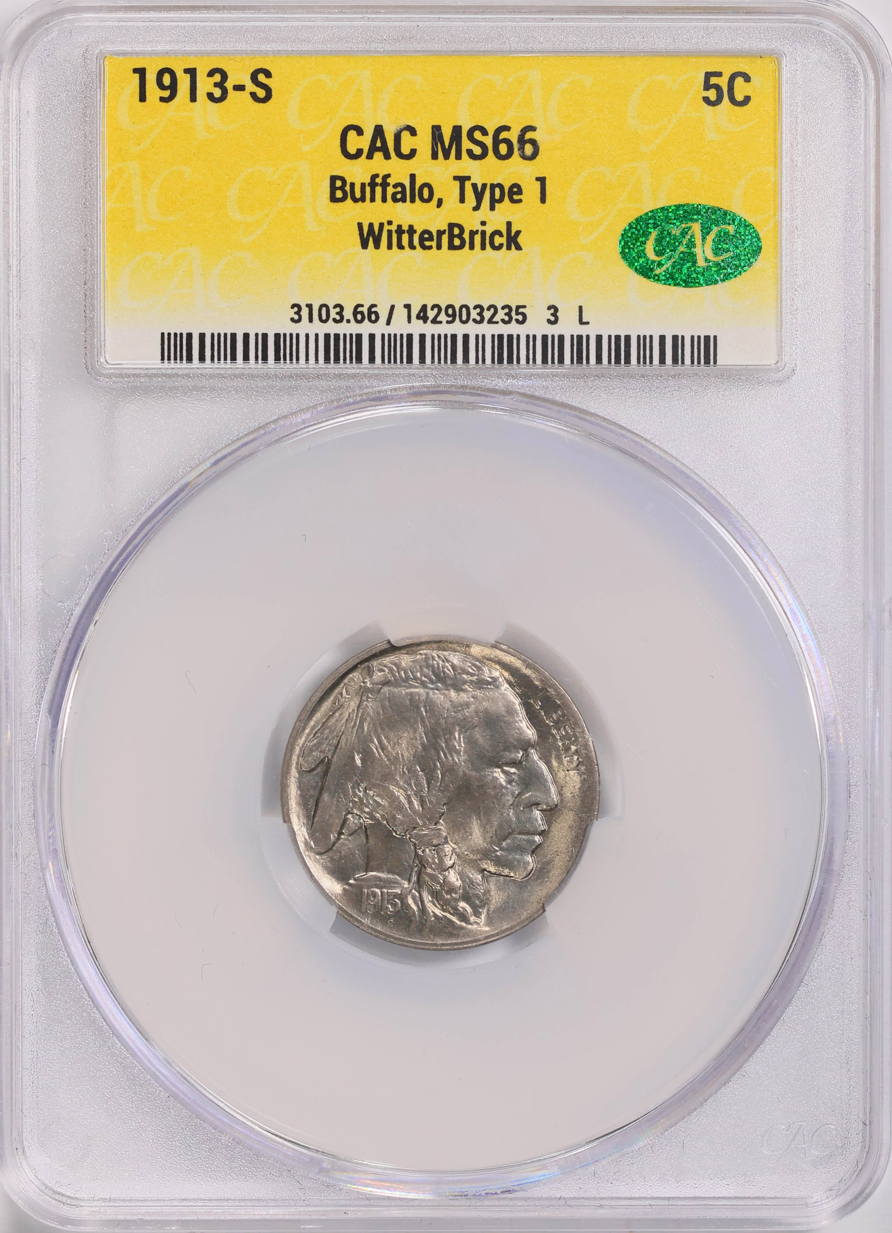 1913-S Buffalo Nickel Type 1 CACG MS-66 (WitterBrick, Signed Seth Chandler) (Item 1852906 ...