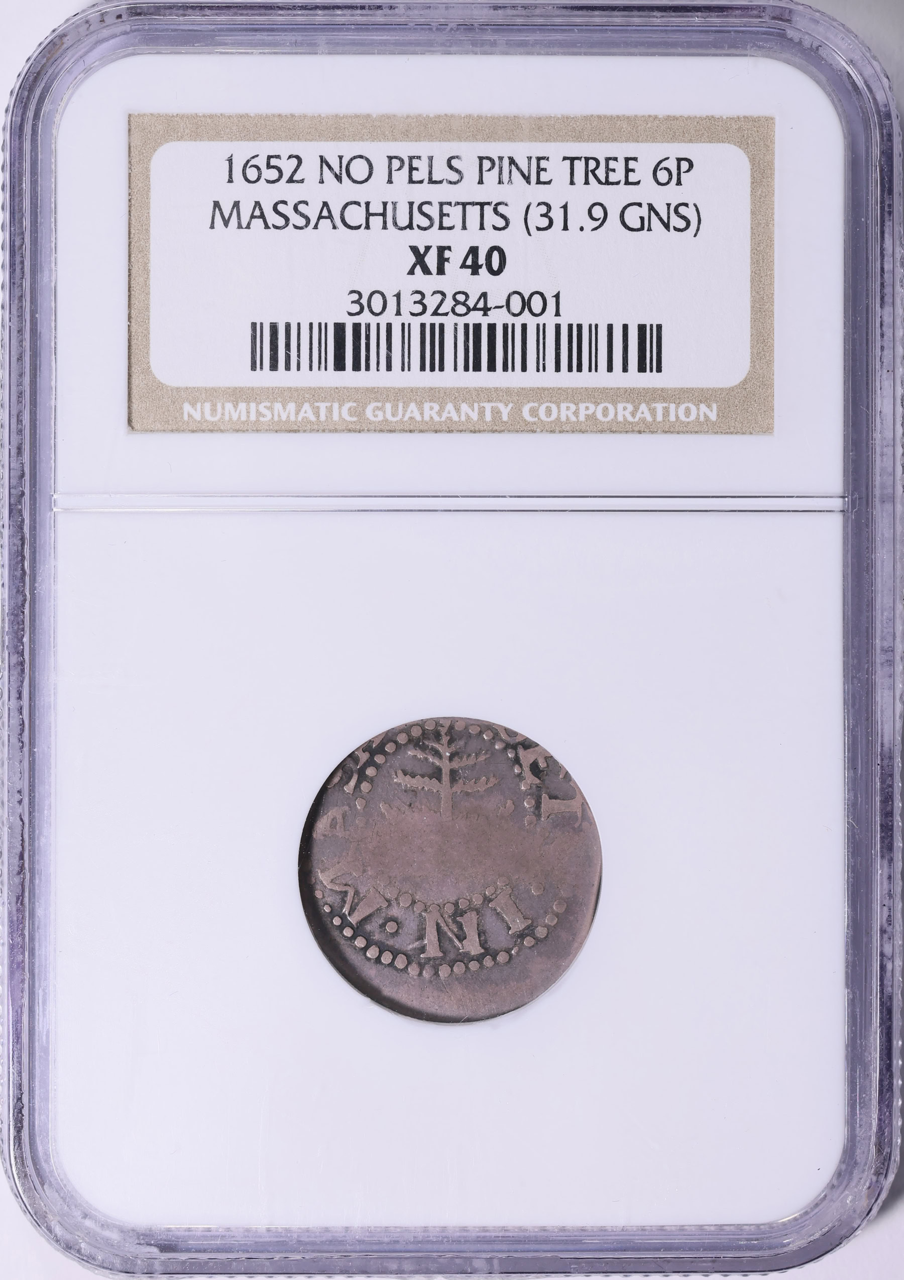 1652 Massachusetts Pine Tree Silver Sixpence No Pellets NGC XF-40 (31 ...