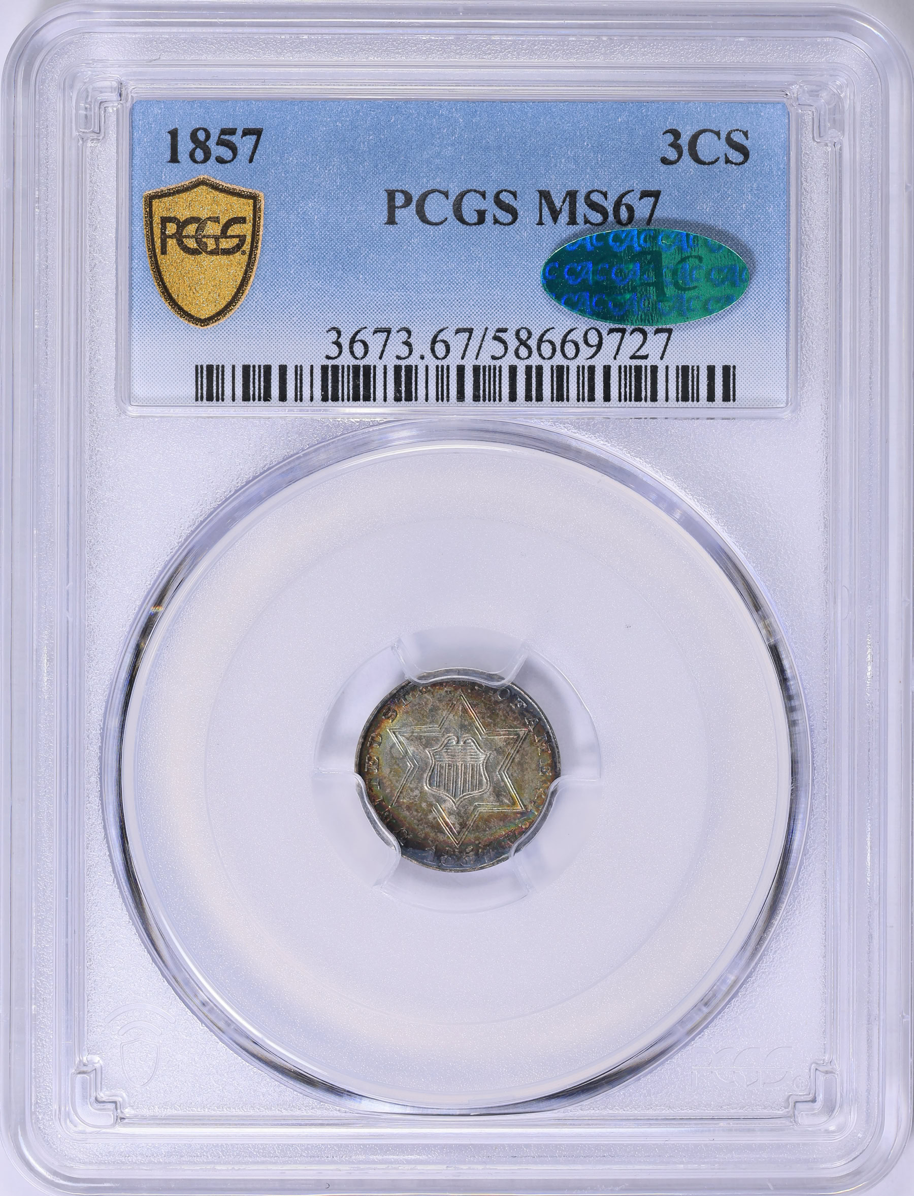1857 Silver Three-Cent Piece PCGS MS-67 (CAC Green) (Toned) (Item ...