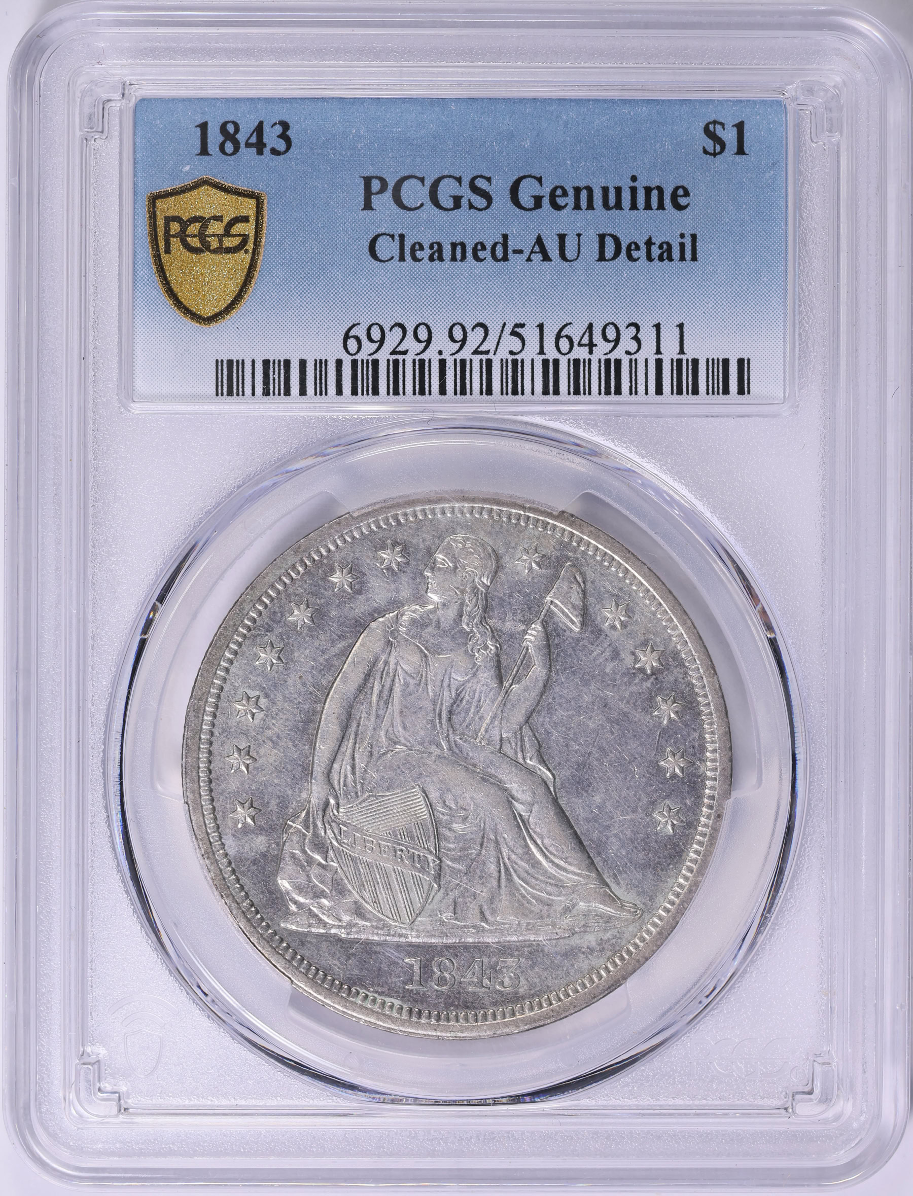 1843 Seated Liberty Silver Dollar PCGS Genuine AU Details (Item 1853034) | GreatCollections Coin ...