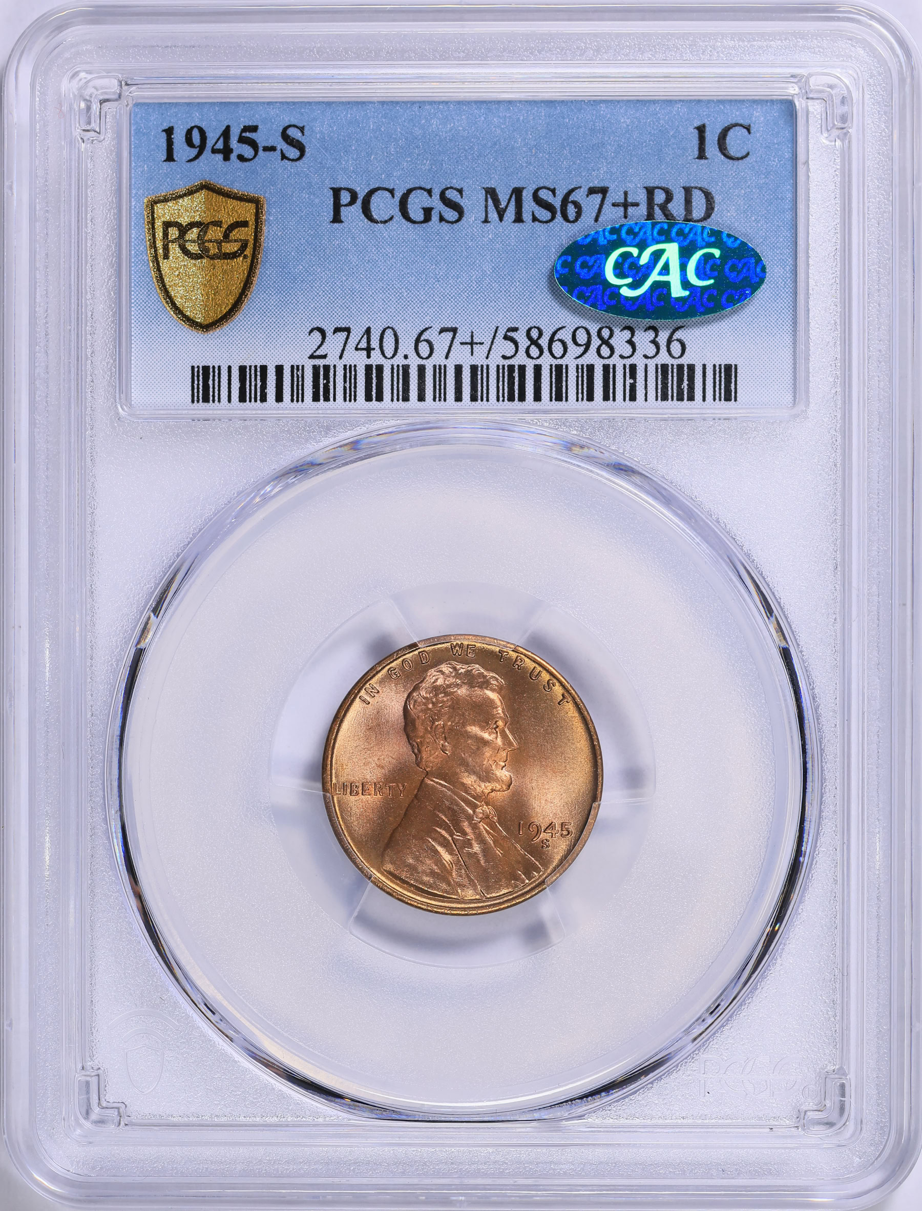 1945-S Lincoln Cent PCGS MS-67+ RD (CAC Green) (Item 1853258) | GreatCollections Coin Auctions