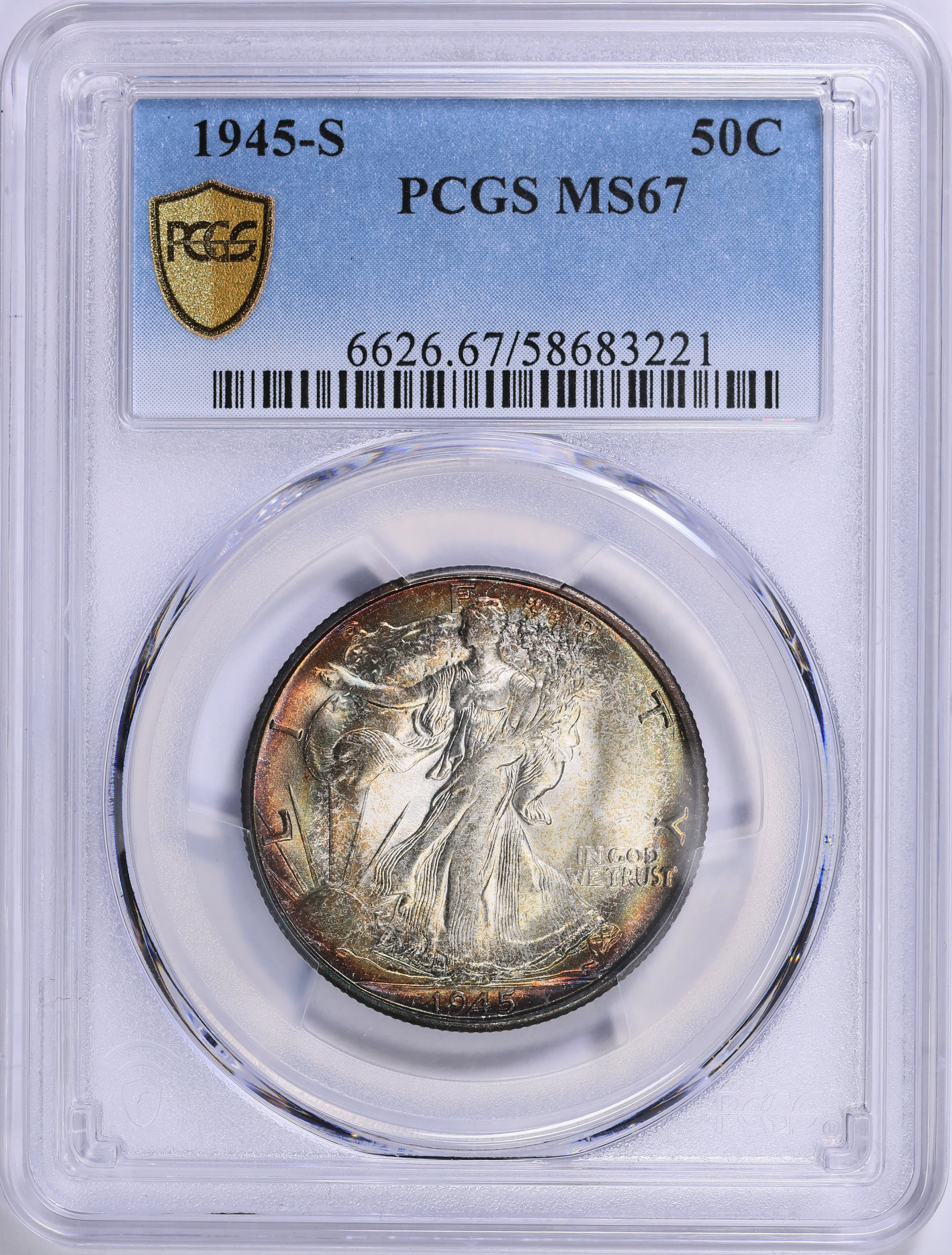 1945-S Walking Liberty Half Dollar PCGS MS-67 (Toned) (Item 1853266) | GreatCollections Coin ...