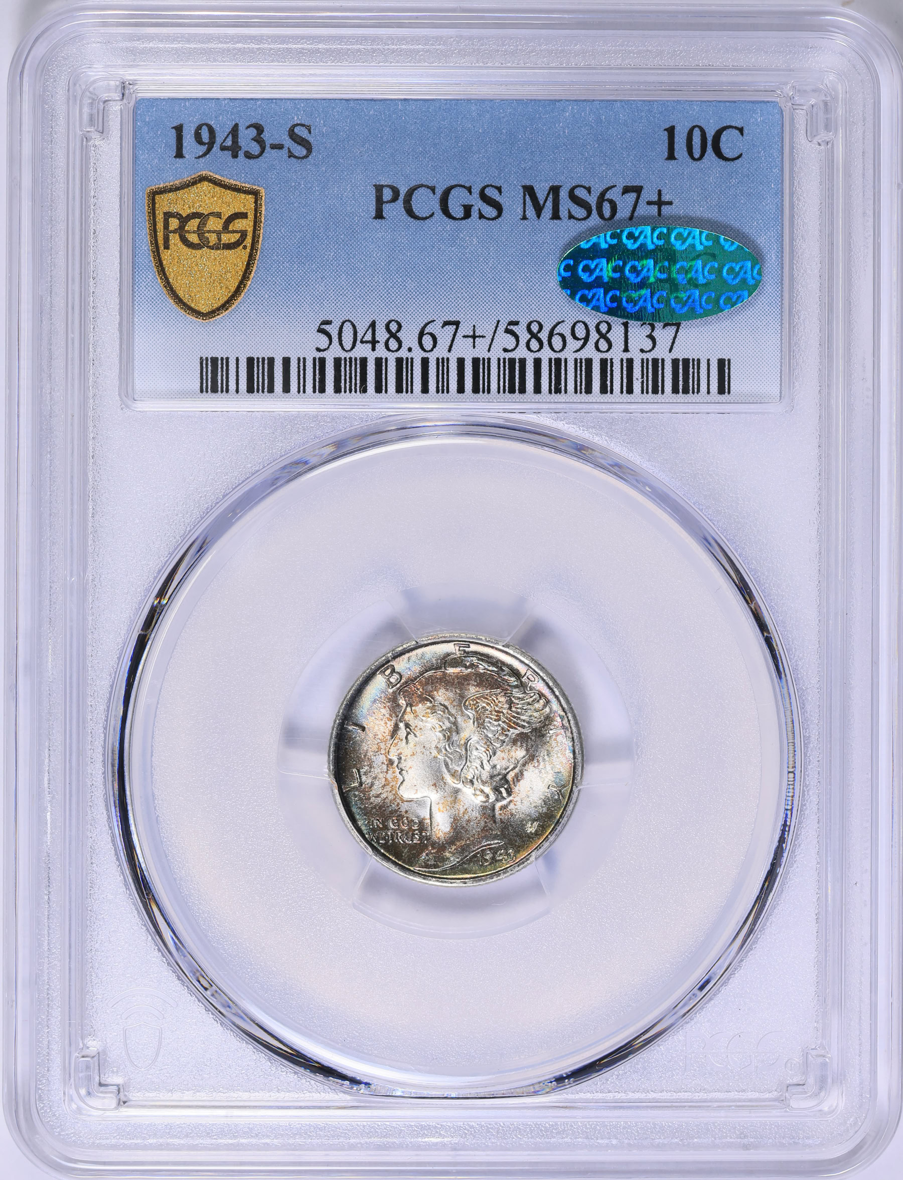 1943-S Mercury Dime PCGS MS-67+ (CAC Green) (Toned) (Item 1853268) | GreatCollections Coin Auctions