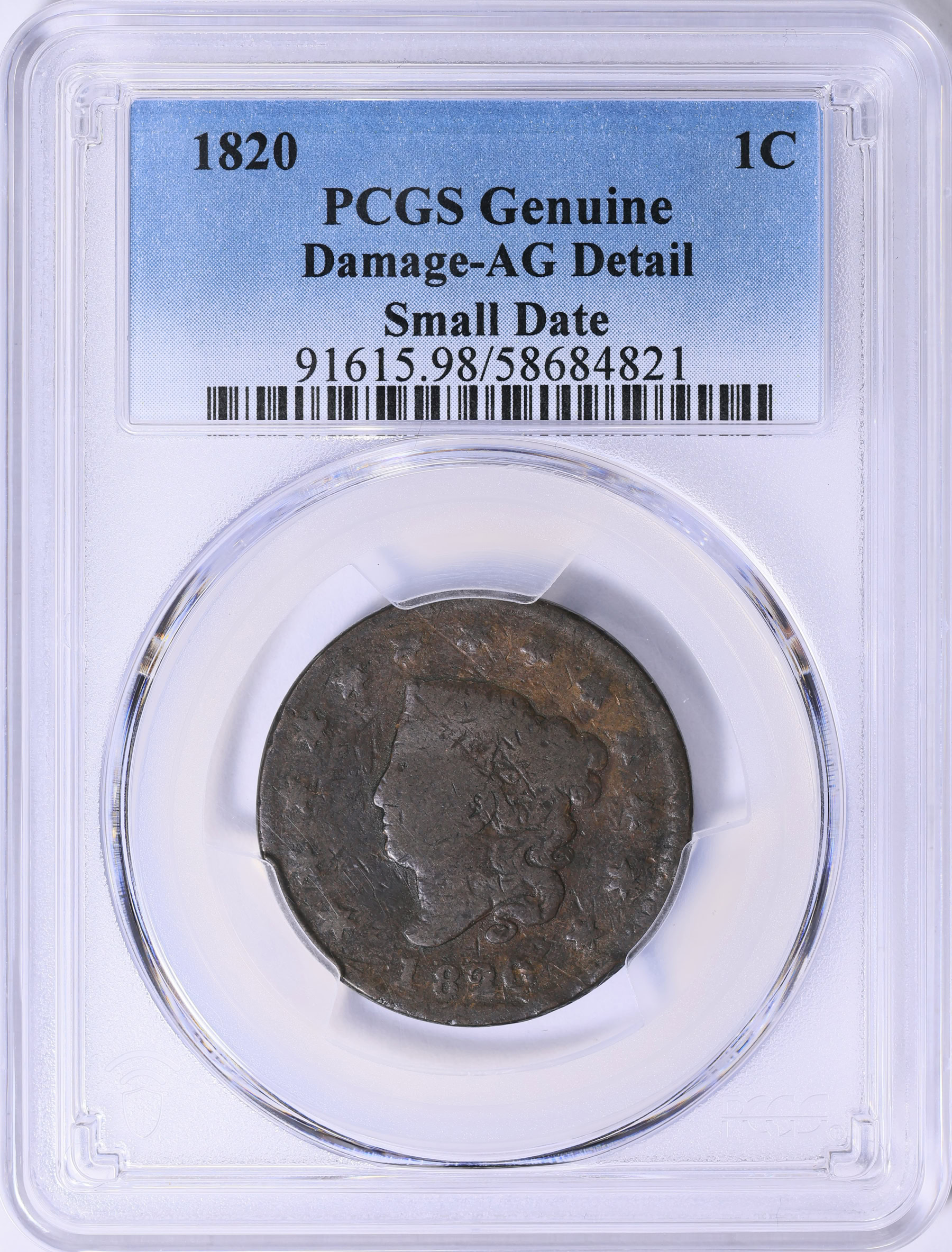 1820 Matron Cent Small Date PCGS Genuine AG Details (Item 1853401 ...