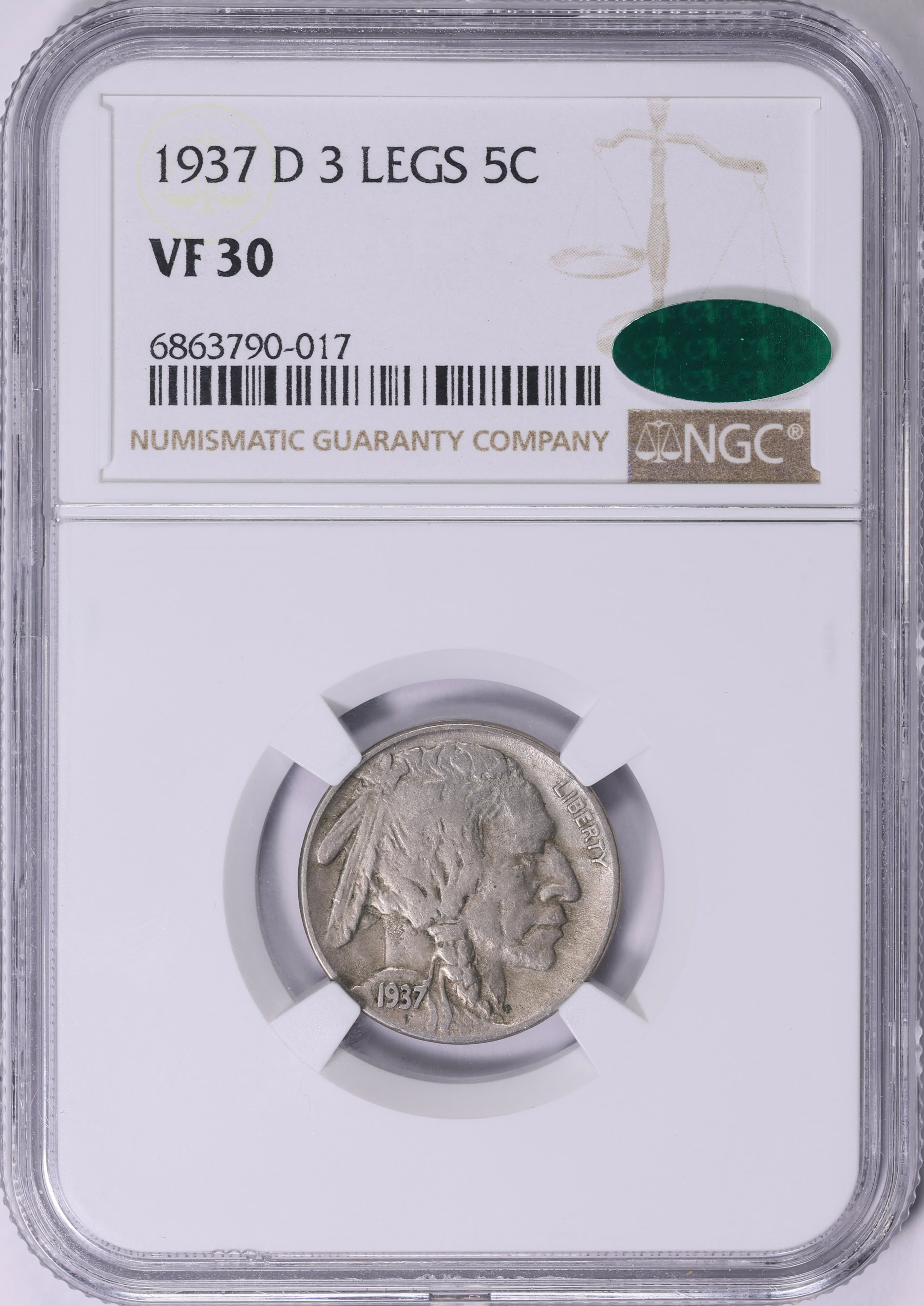 1937-D Buffalo Nickel 3 Legs NGC VF-30 (CAC Green) (Item 1853562) | GreatCollections Coin Auctions