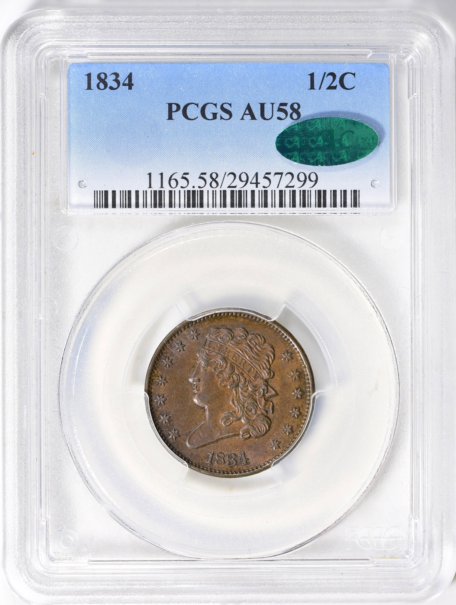 1834 Classic Half Cent PCGS AU-58 BN (CAC Green) (Item 1853768) | GreatCollections Coin Auctions
