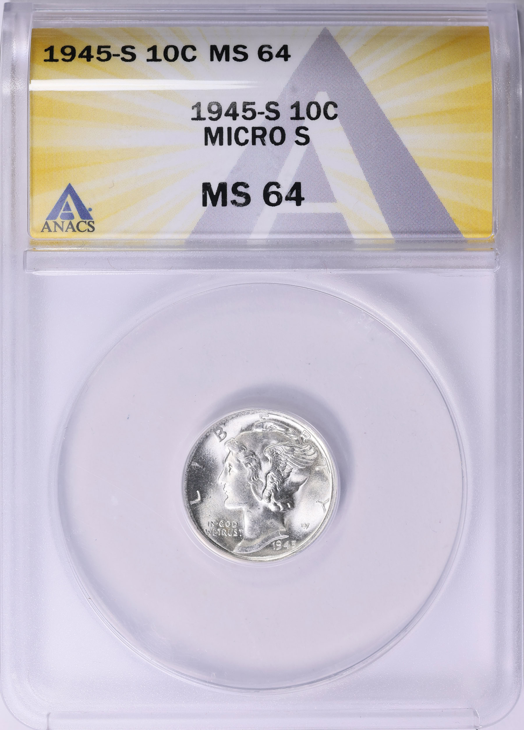 1945-S Mercury Dime Micro S ANACS MS-64 (Item 1854572) | GreatCollections Coin Auctions