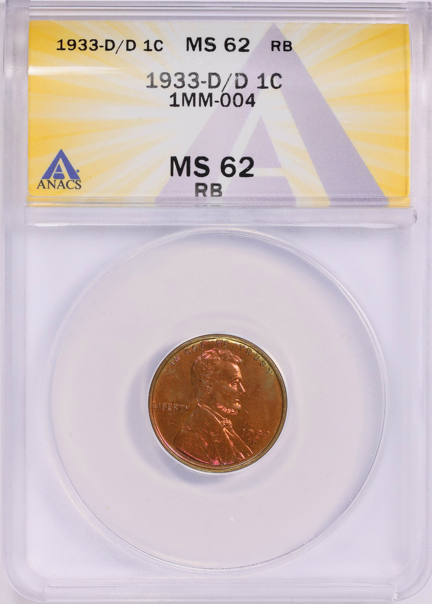 1933-D/D Lincoln Cent 1MM-004 ANACS MS-62 RB | ANACS Cert #7848175 ...