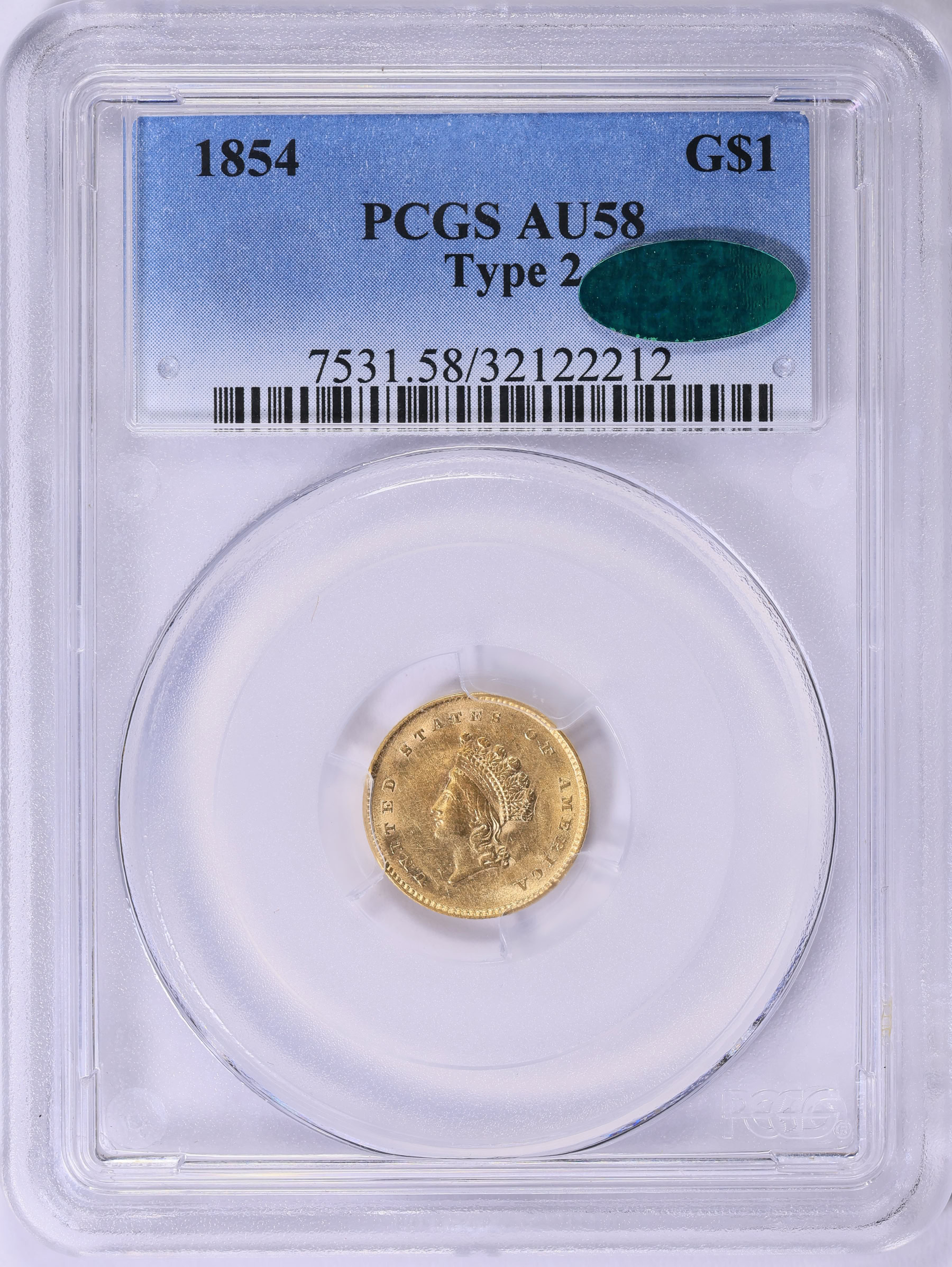 1854 Indian Princess Gold Dollar Type 2 PCGS AU-58 (CAC Green) (Item 1855312) | GreatCollections ...