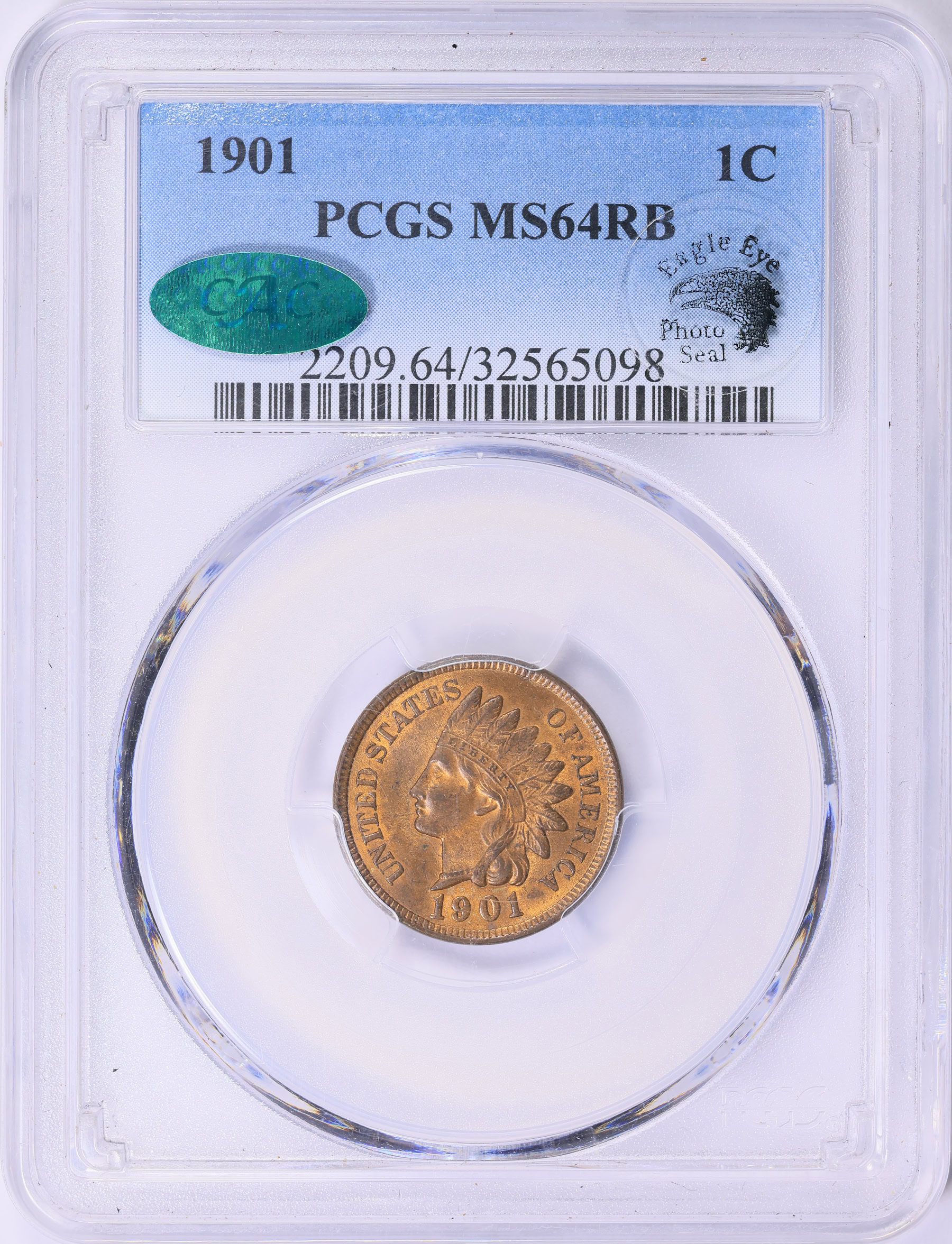 1901 Indian Cent PCGS MS-64 RB (CAC Green) (Eagle Eye Seal) (Item 1855424) | GreatCollections ...
