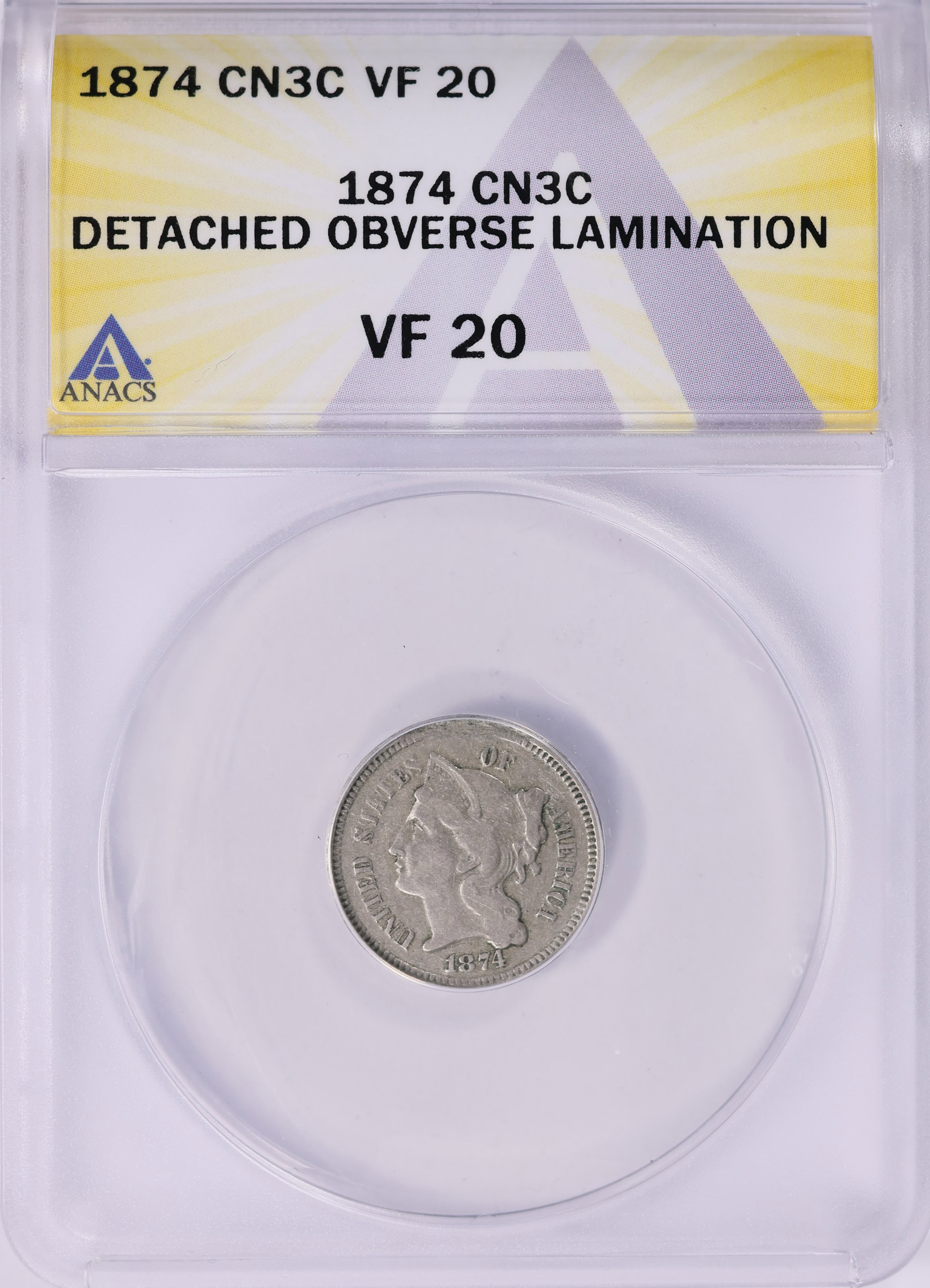 Mint Error 1874 Nickel Three-Cent Piece Detached Obverse Lamination ...