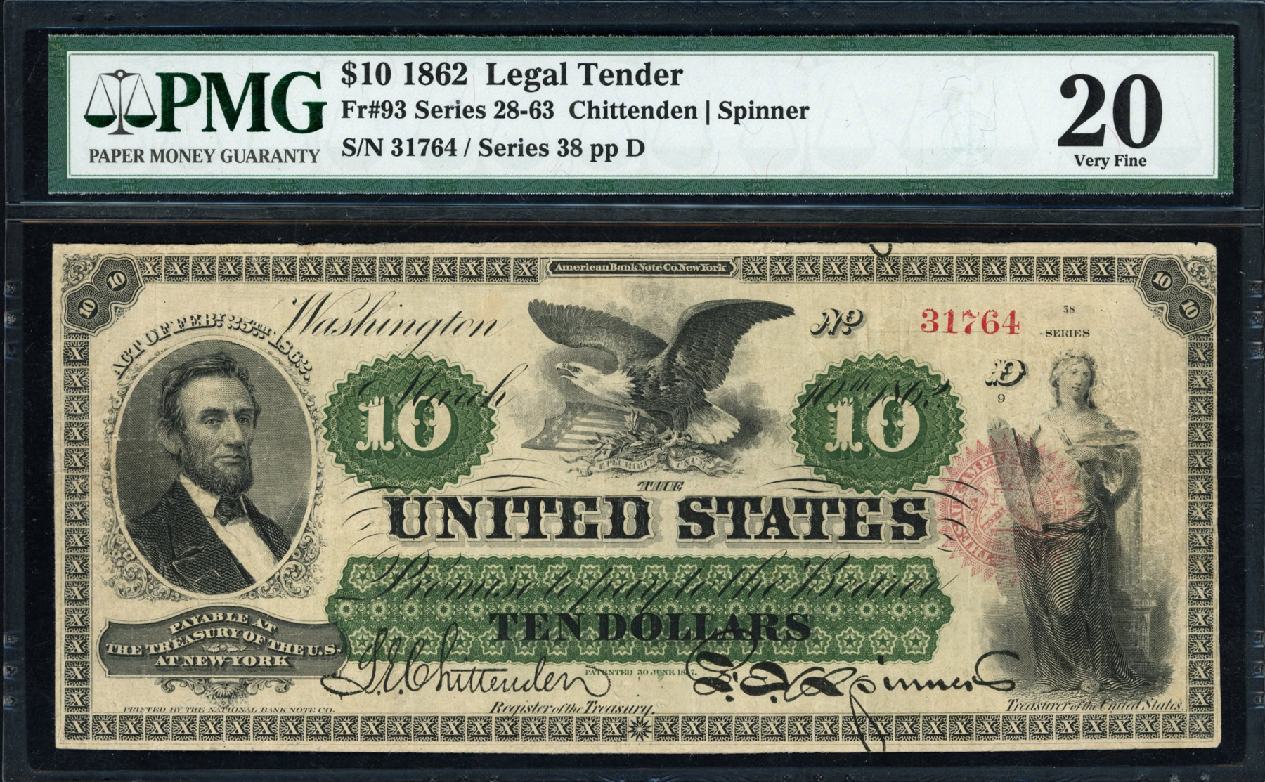Fr. 93 1862 $10 Legal Tender Note Series 38 Chittenden / Spinner PMG ...