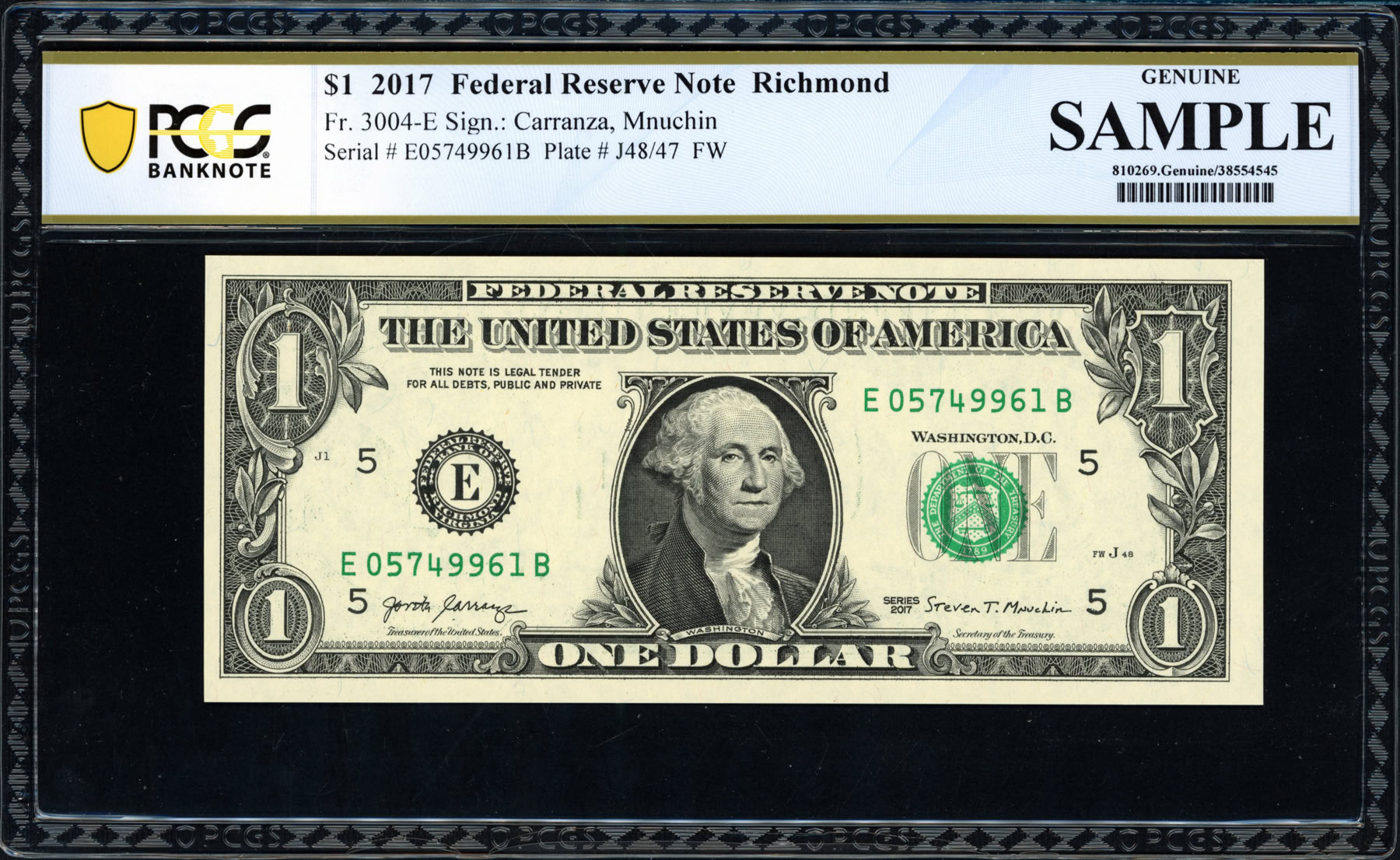 Fr. 3004-E (EB Block) 2017 $1 Richmond Federal Reserve Note Carranza ...