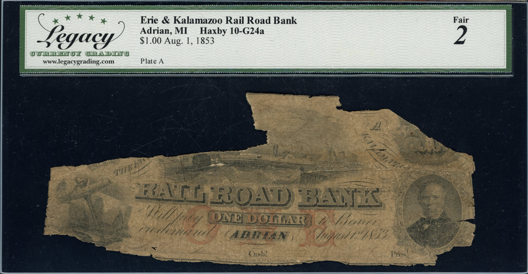 1853 Adrian, Michigan Erie & Kalamazoo Rail Road Bank $1 Note Legacy ...