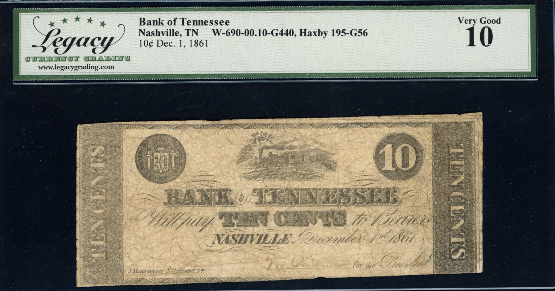 1861 Nashville, Tennessee Bank of Tennessee 10 Cents Note Legacy Very ...