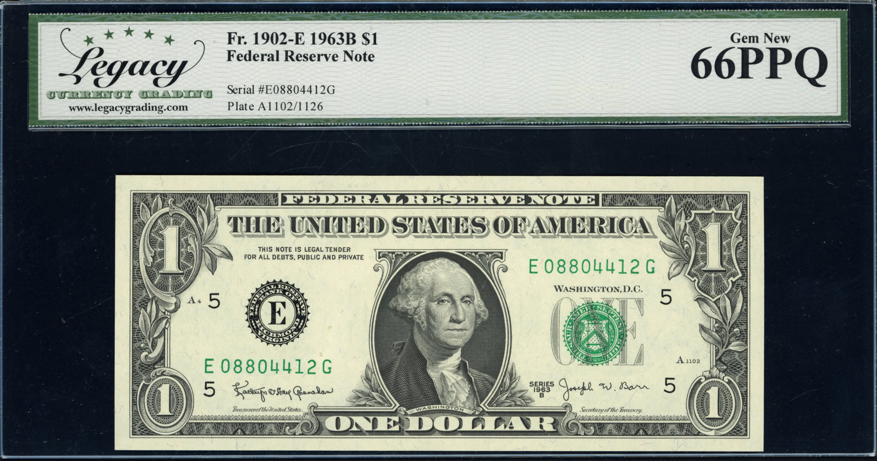 Fr. 1902-E (EG Block) 1963B $1 Richmond Federal Reserve Note Granahan / Barr Legacy Gem New 66 ...