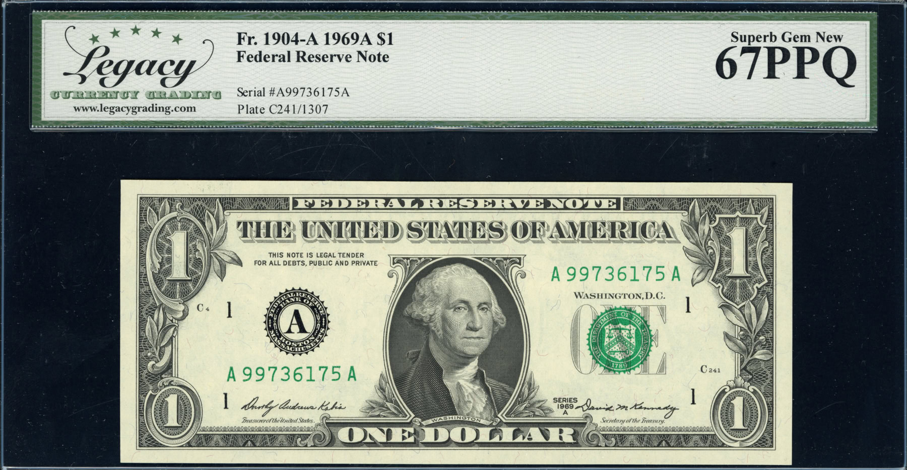 Fr. 1904-A (AA Block) 1969A $1 Boston Federal Reserve Note Kabis ...